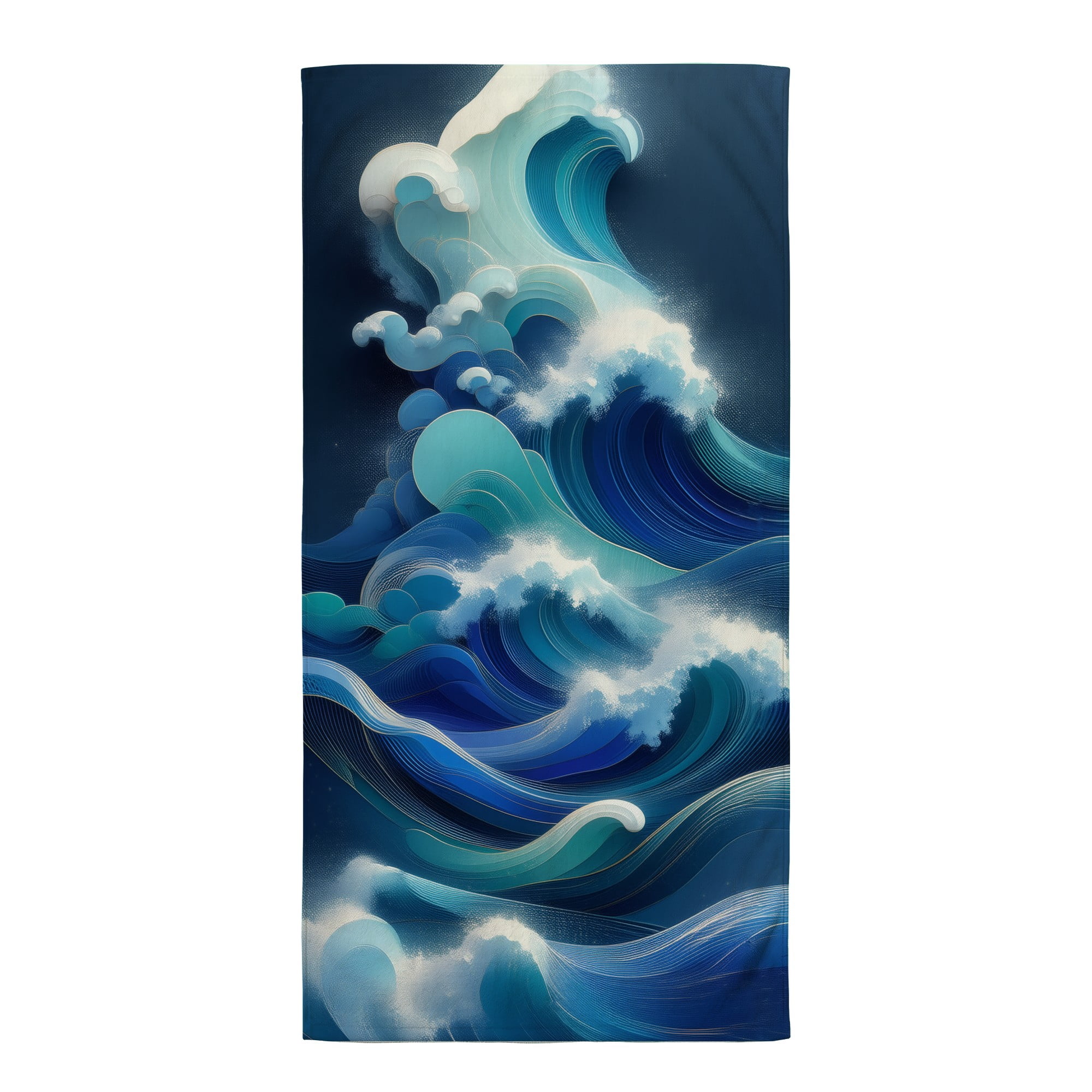 Boho beach towel A blue and white illustration of a large wave in the ...