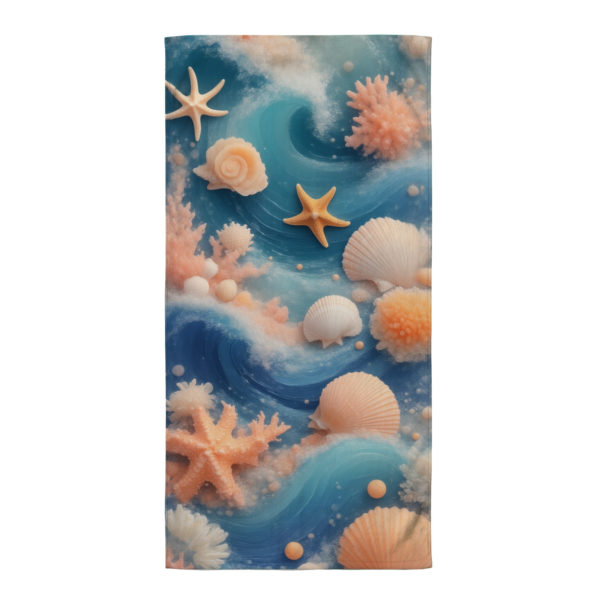 Boho beach towel seashells and starfish on a blue background beach ...