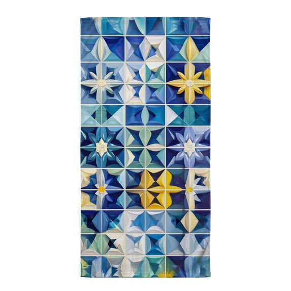 Boho beach towels A blue and yellow tiled wall with a pattern of ...