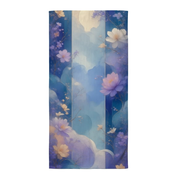 Boho beach towels A painting of a blue sky with white flowers and a ...