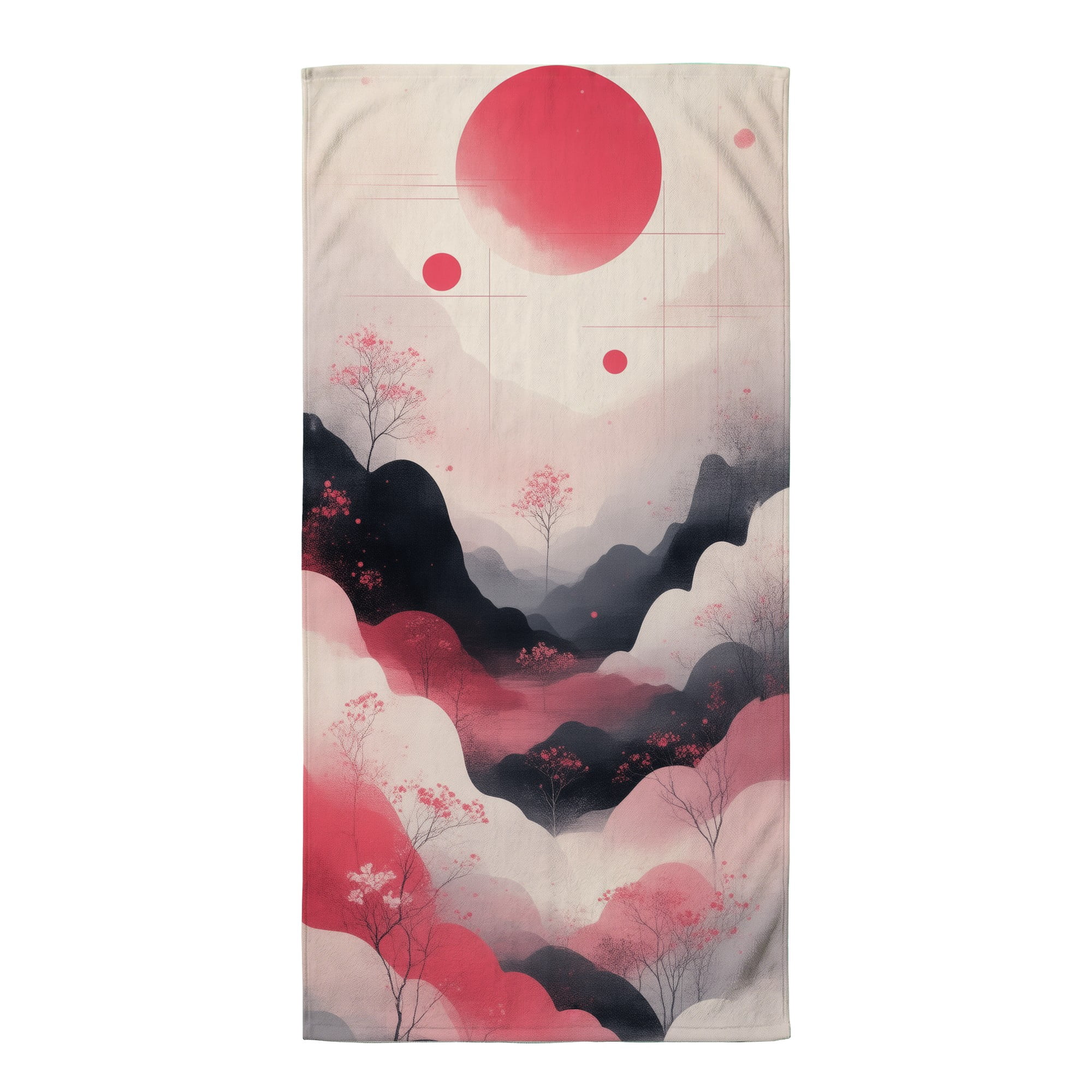 Boho beach towels A painting of a landscape with trees and mountains ...