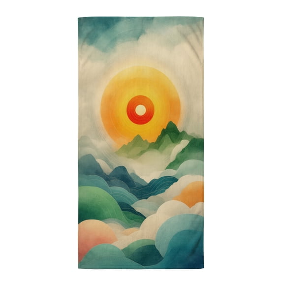 Boho beach towels A painting of a mountain landscape with a sun in the ...