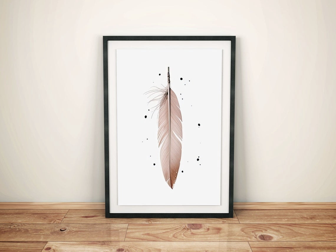 Boho bedroom decor Nature feather art Minimalist beige illustration ...