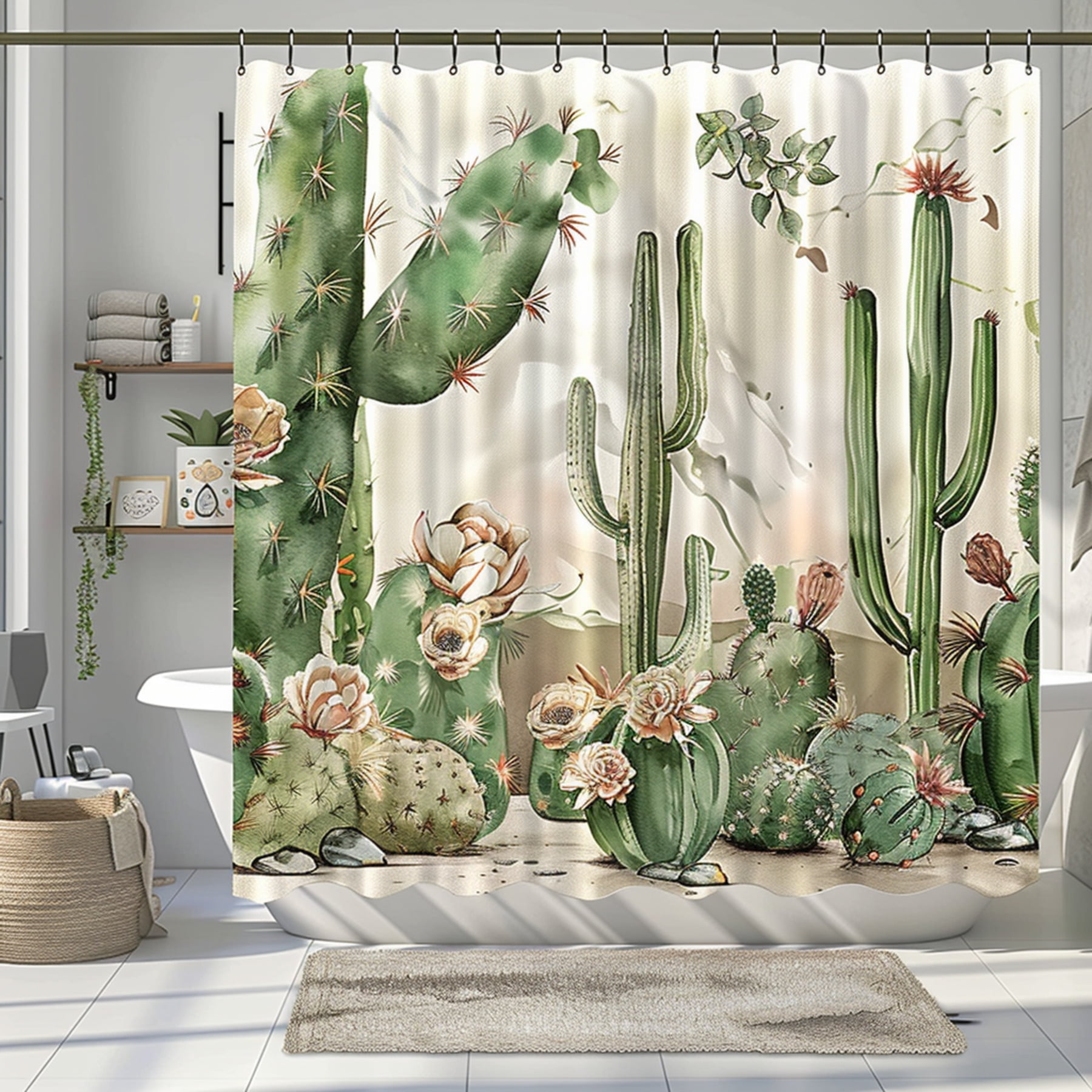 Boho Chic Shower Curtain Featuring Cacti And Flowers In Soft