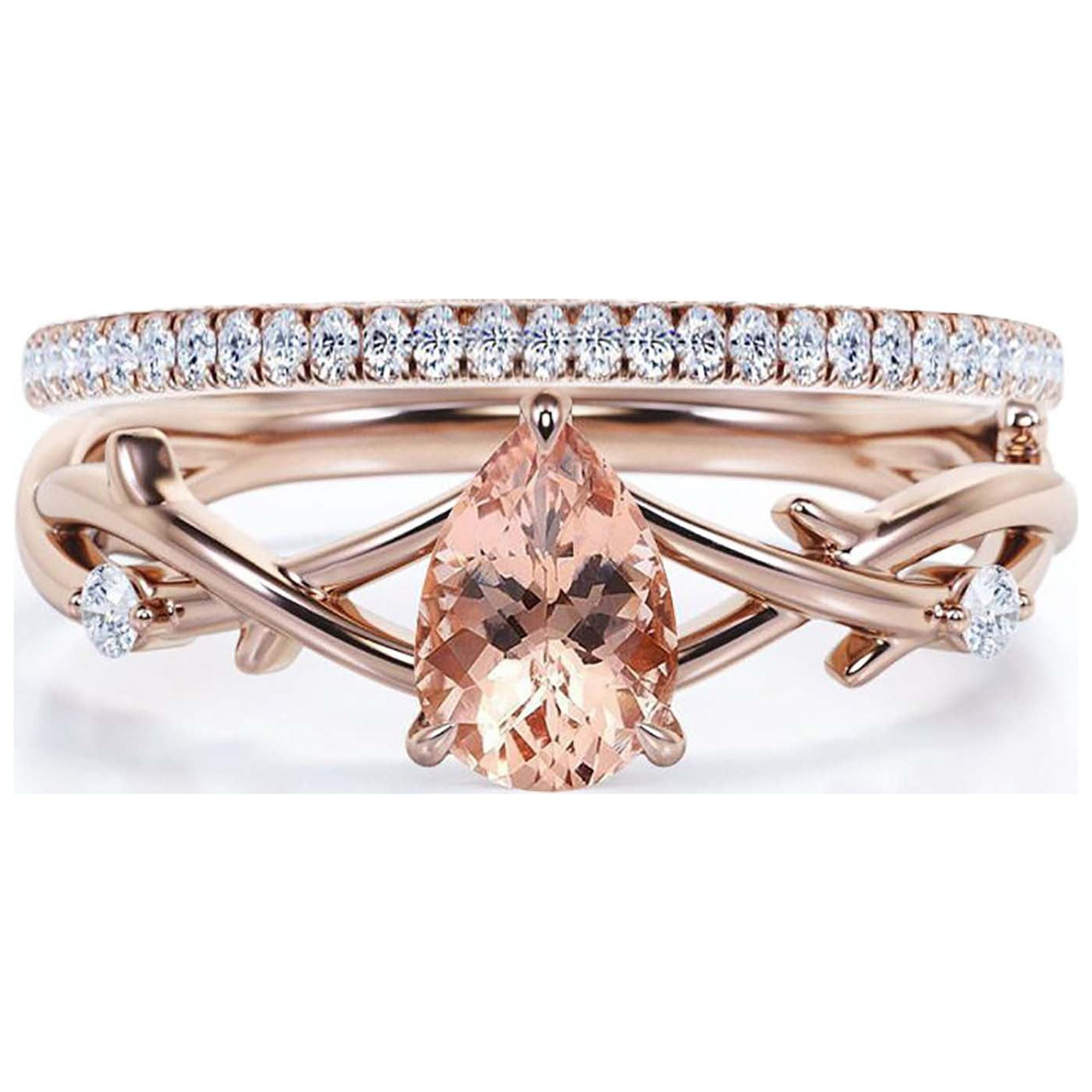 Boho & hippie 1.60 Carat Pear Cut Morganite And Diamond Moissanite Unique Engagement Ring ...