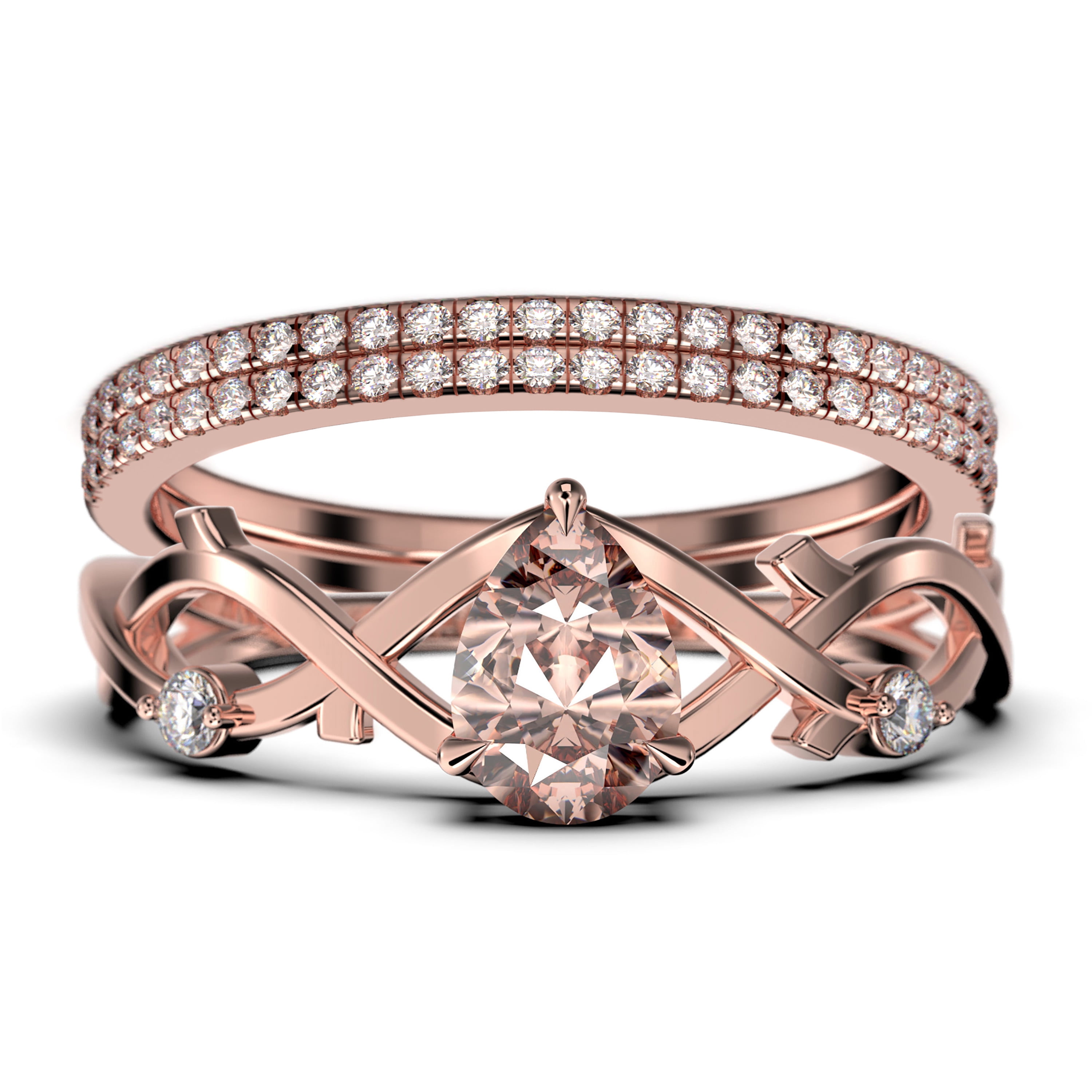 Boho & hippie 2.10 Carat Pear Cut Morganite And Diamond Moissanite Unique Engagement Ring ...