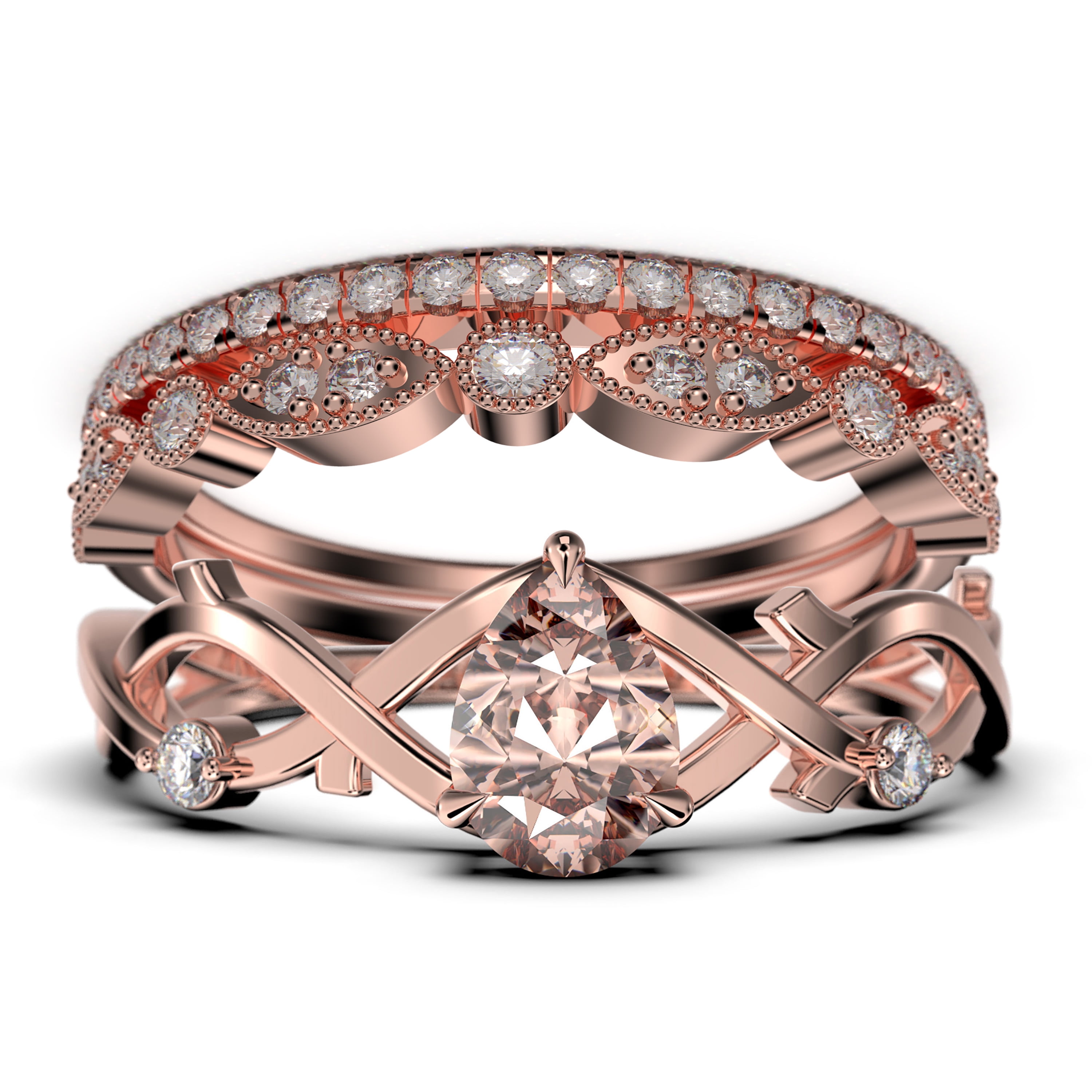 Boho & hippie 2.10 Carat Pear Cut Morganite And Diamond Moissanite Unique Engagement Ring ...