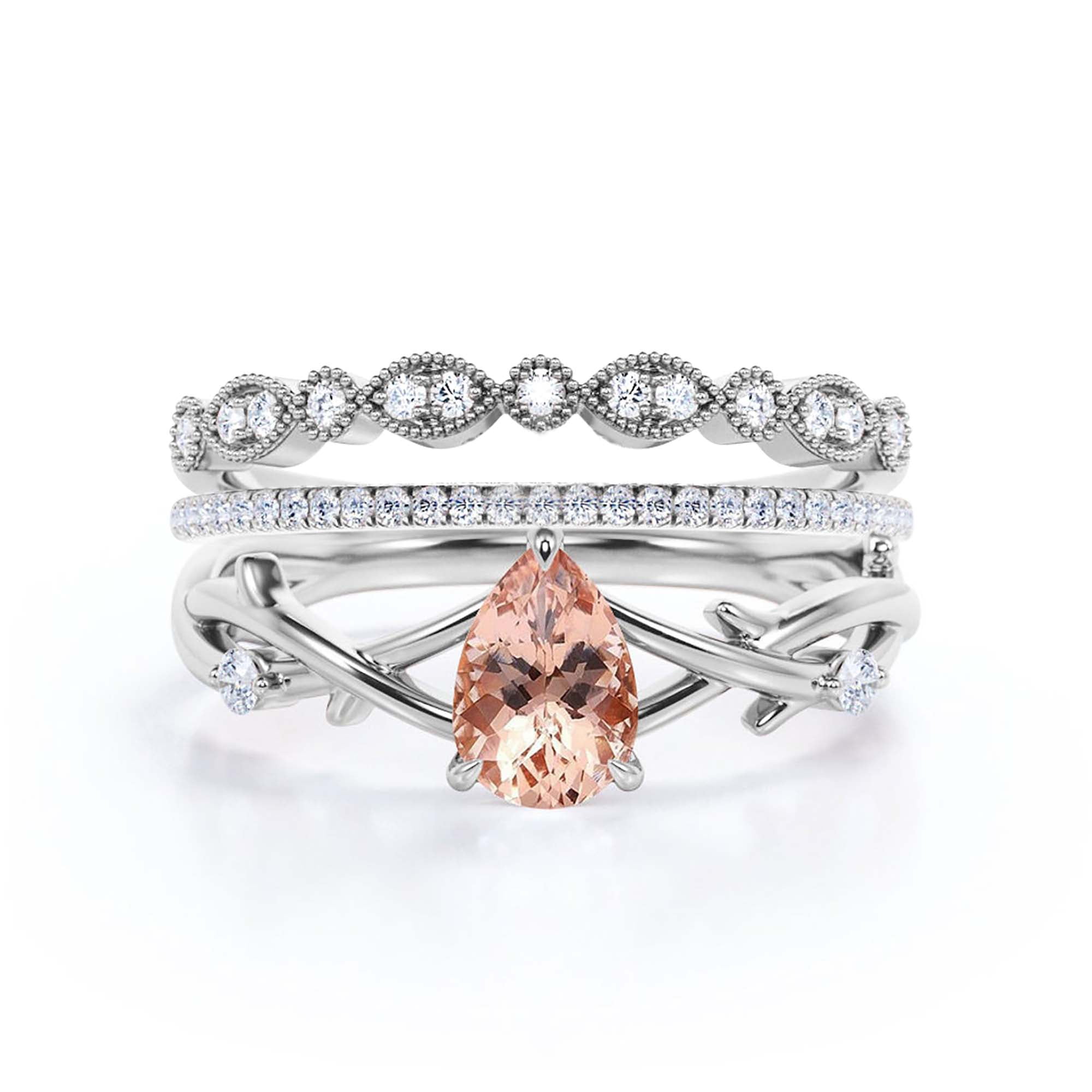 Boho & hippie 2.10 Carat Pear Cut Morganite And Diamond Moissanite Unique Engagement Ring ...