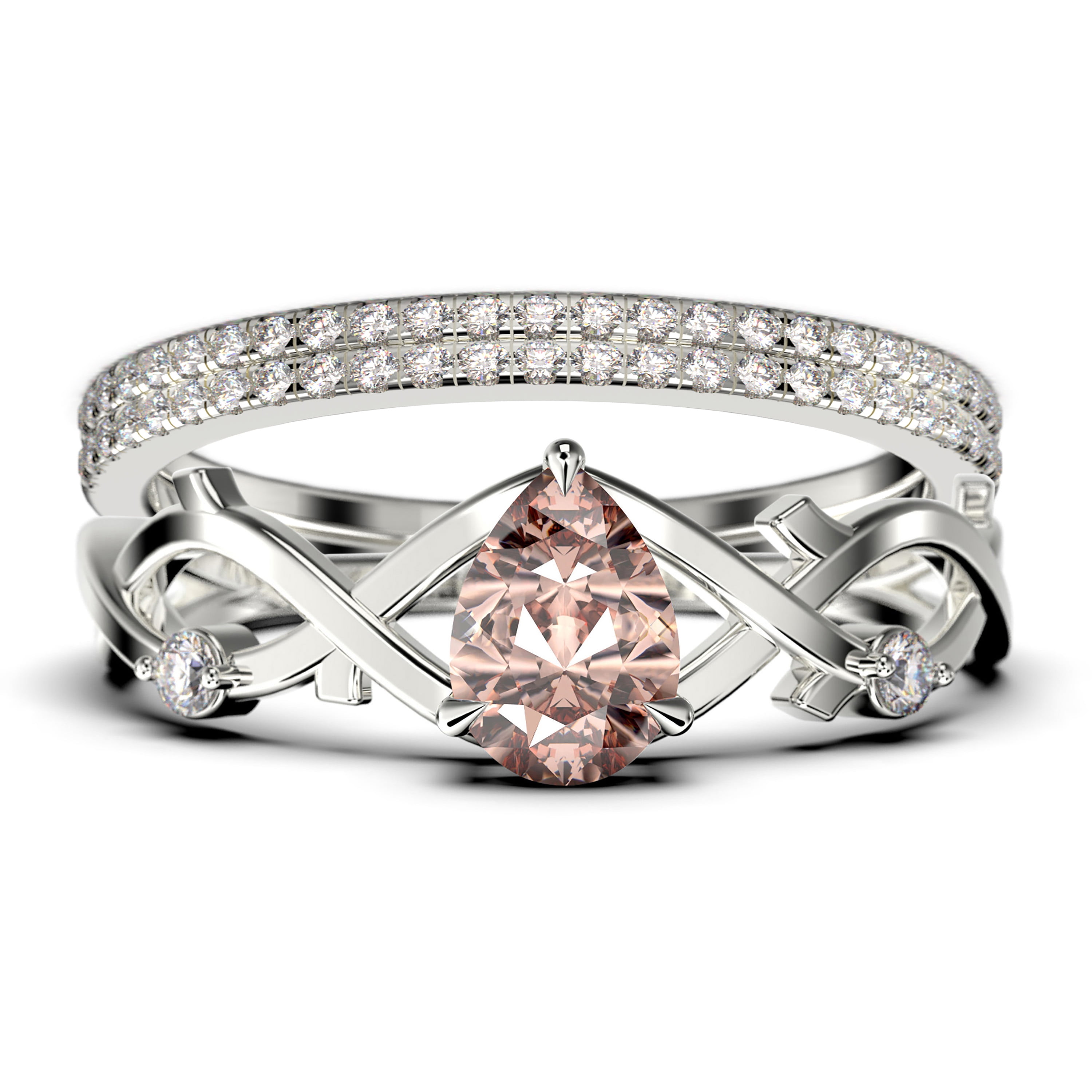 Boho & hippie 2.10 Carat Pear Cut Morganite And Diamond Moissanite Unique Engagement Ring ...