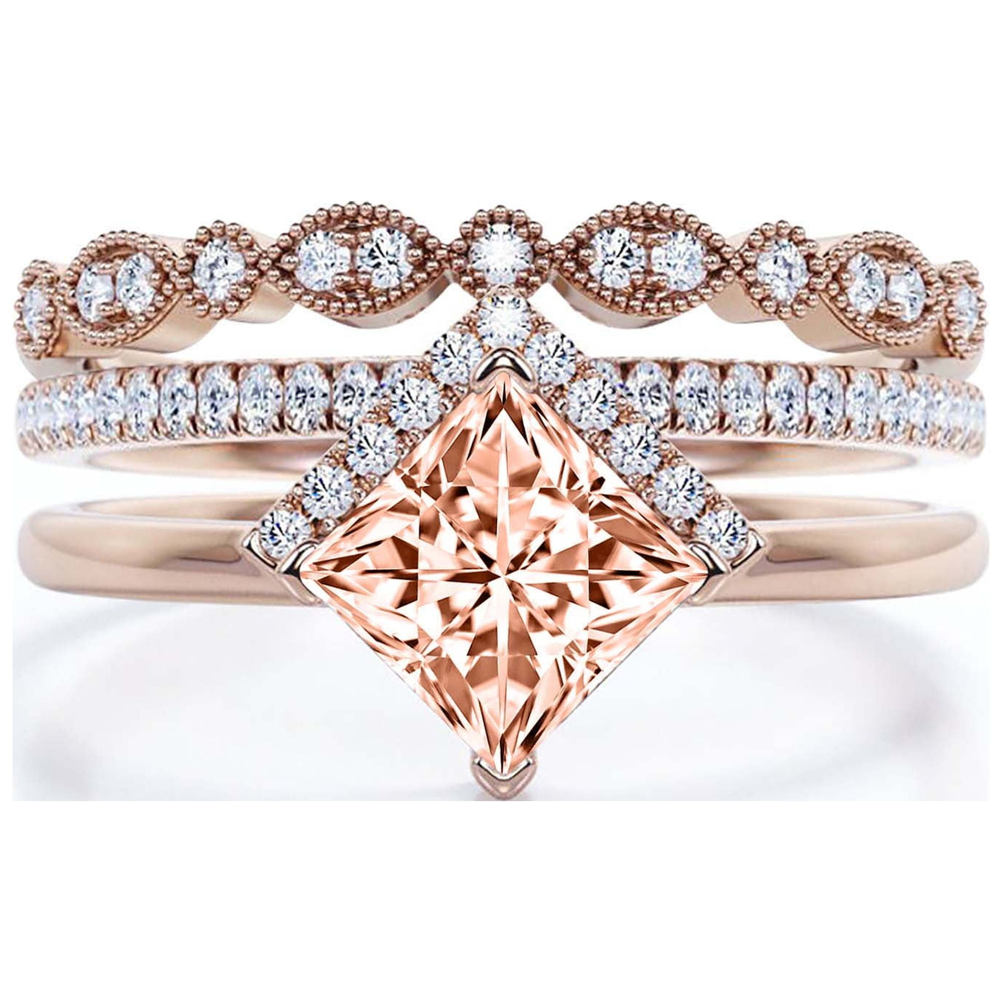 Boho & hippie 2.50 Carat Princess Cut Morganite And Diamond Moissanite Dainty Engagement Ring ...