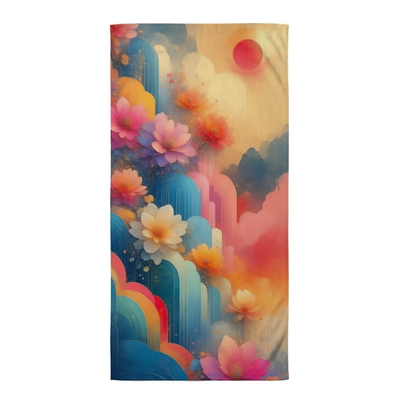 Boho oversized beach towels A painting of a city with flowers in the ...