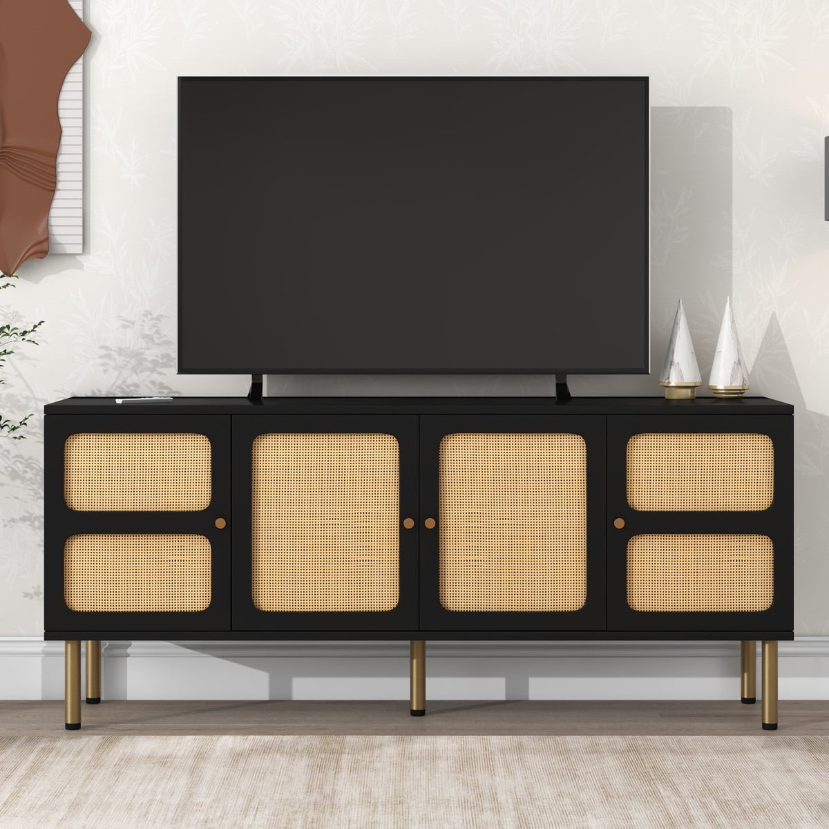 Boho style TV Stand with Rattan Door, Woven Media Console Table for TVs ...