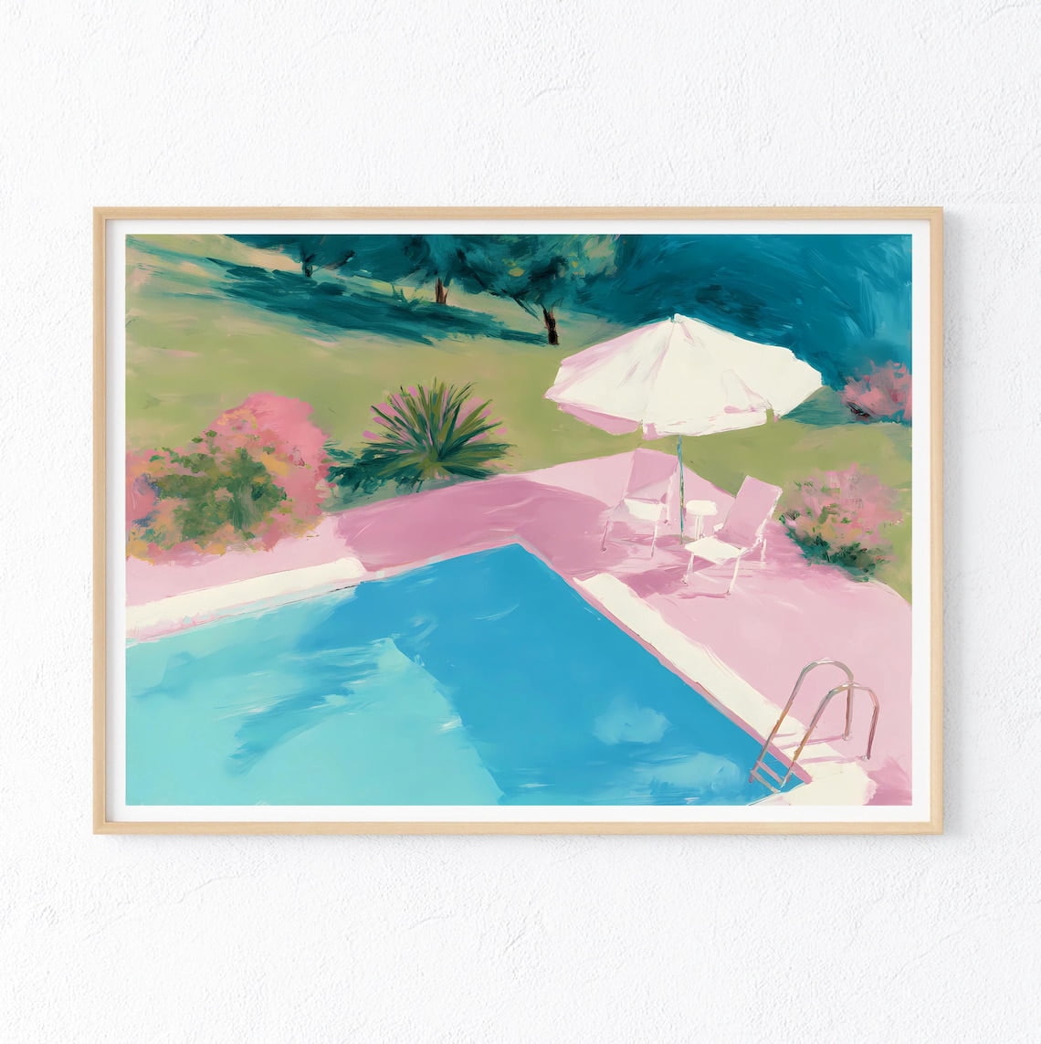 Boho swimming pool Poster pink blue summer decor retro wall art Poster ...