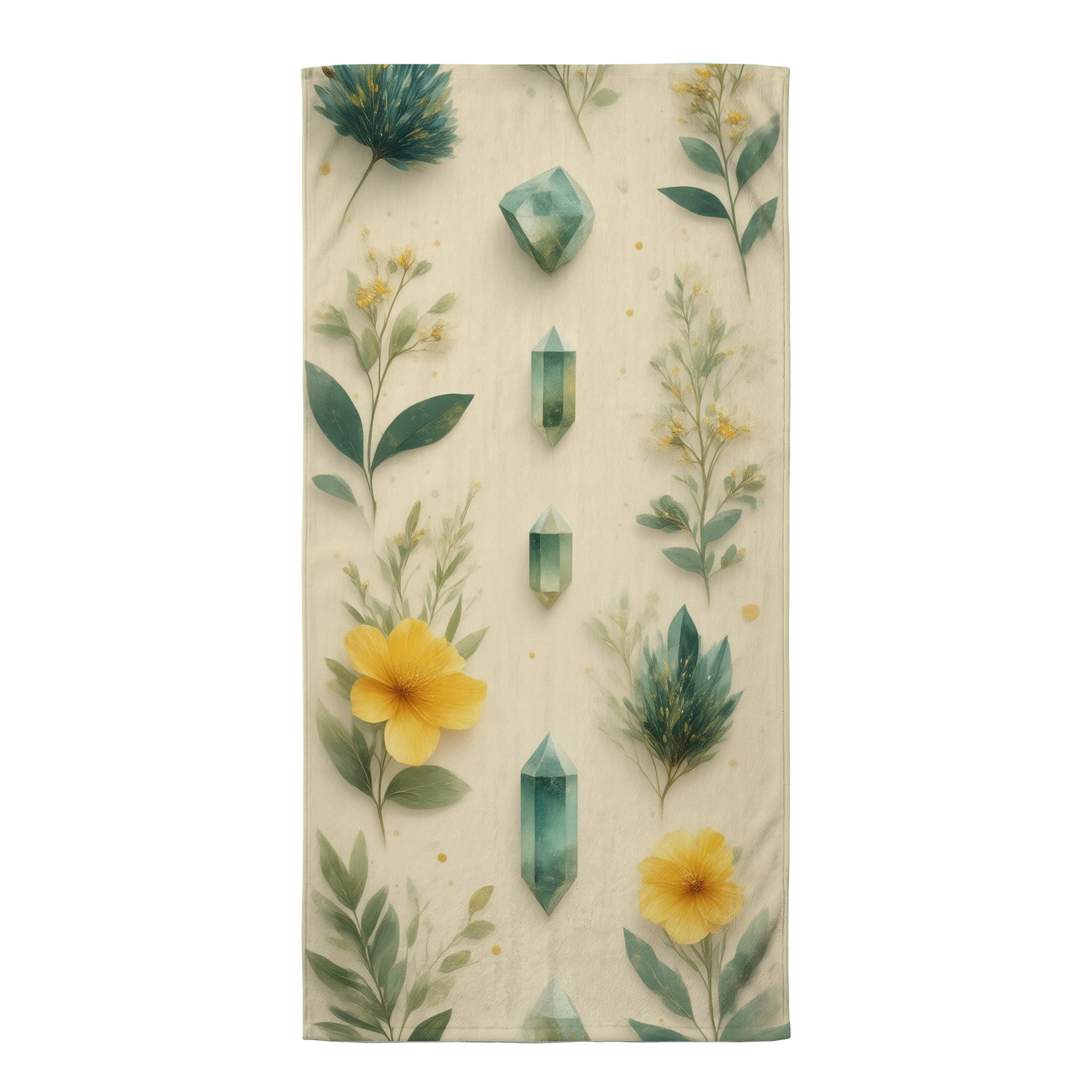 Boho towels A bunch of flowers and crystals on a beige background beaxh ...