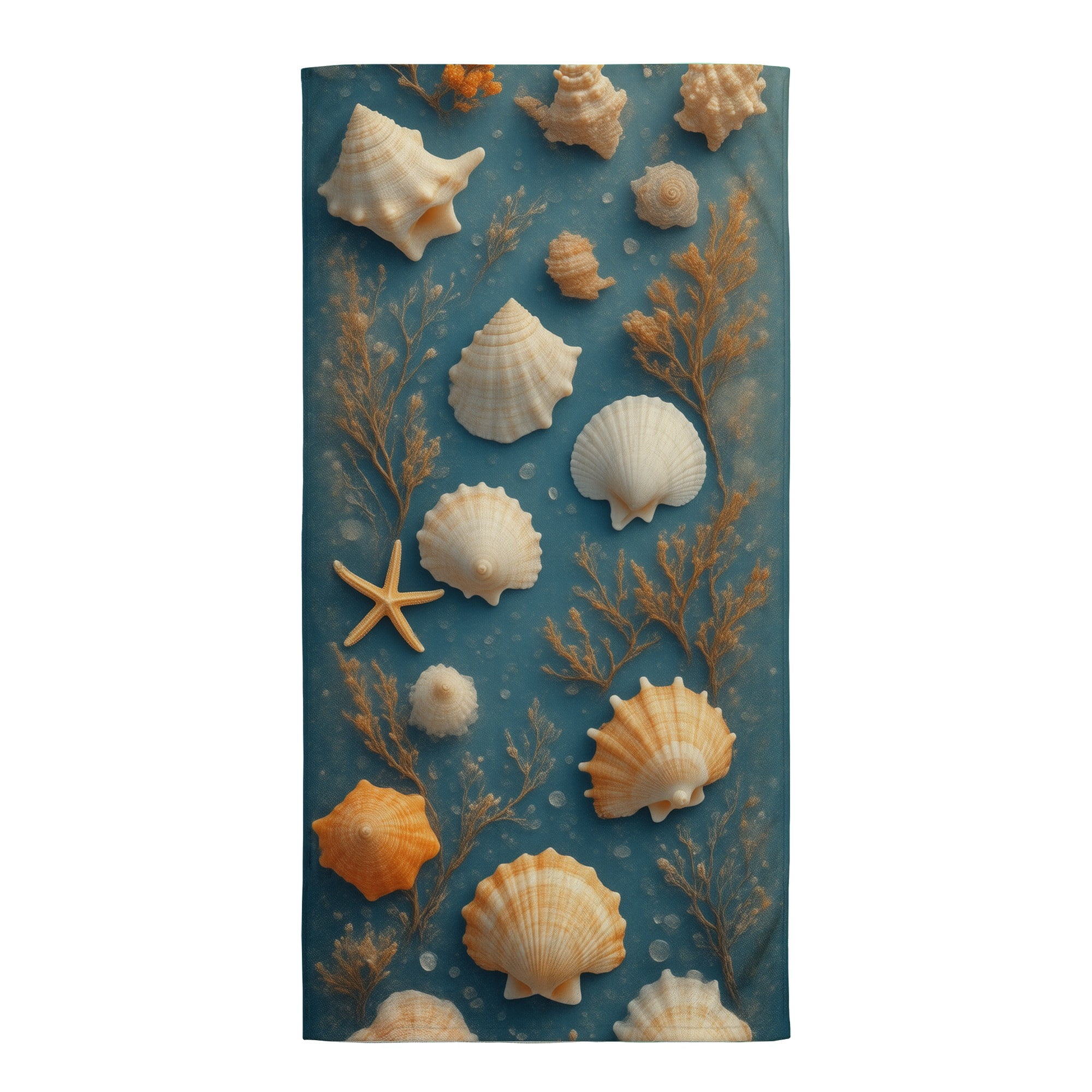 Boho towels A group of seashells and starfish on a blue background ...