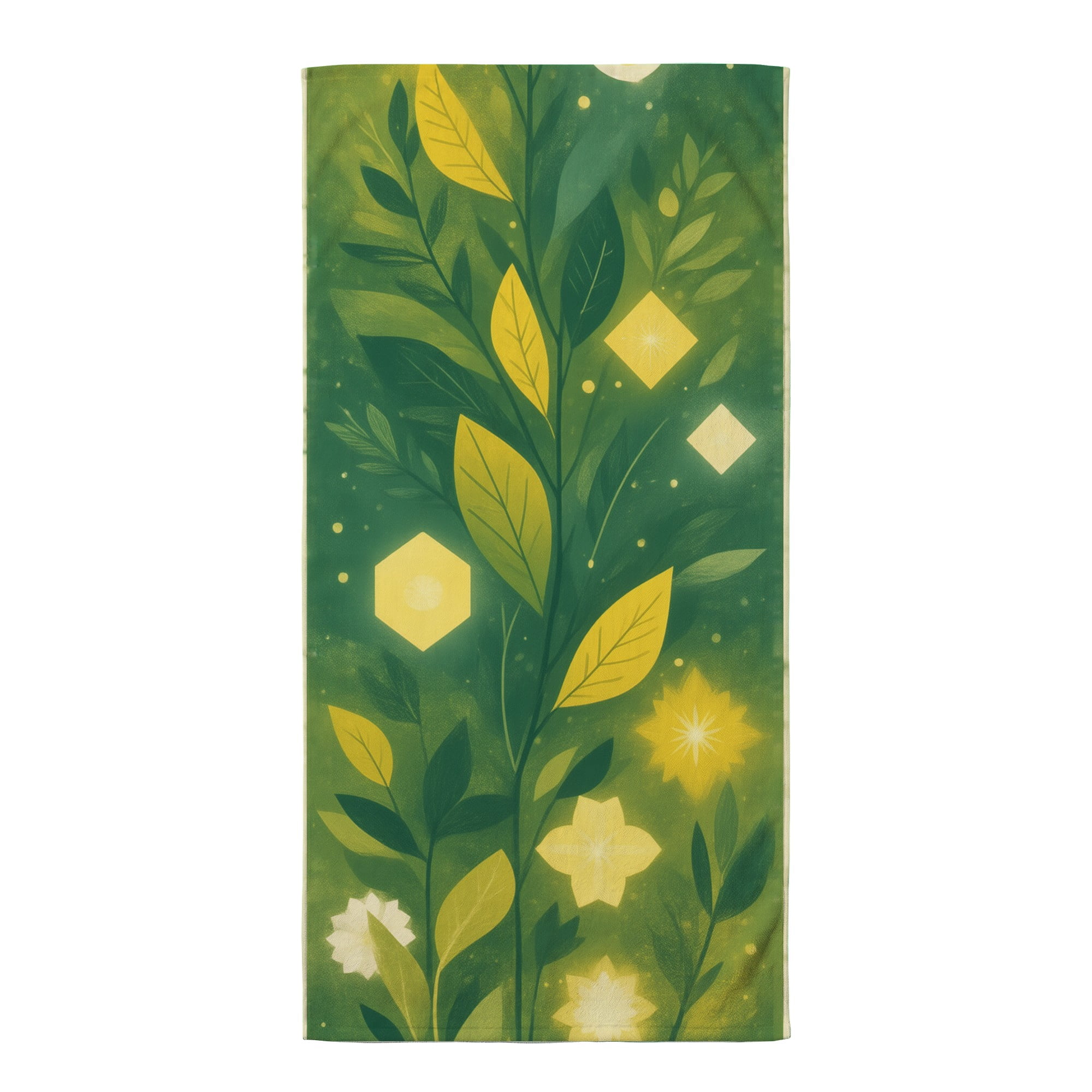 Boho towels A painting of leaves and flowers on a green background ...