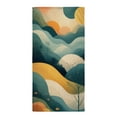 Boho towels a painting of a landscape with trees and mountains in the ...