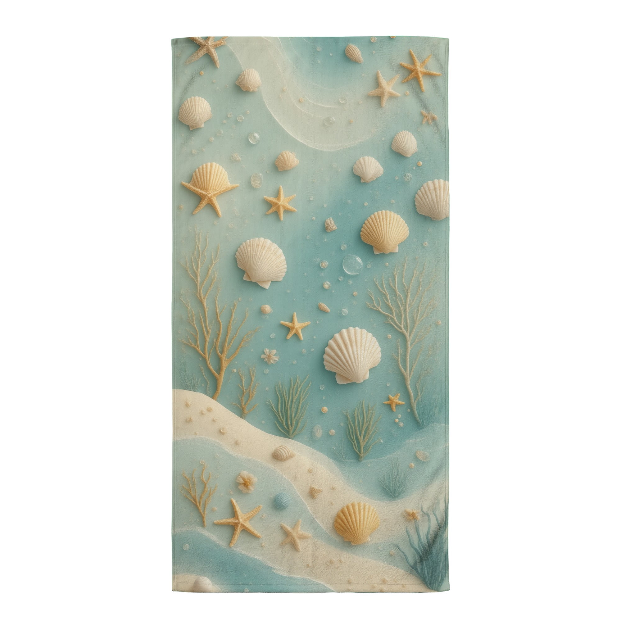 Boho towels seashells and starfish on a blue background beach yowels ...