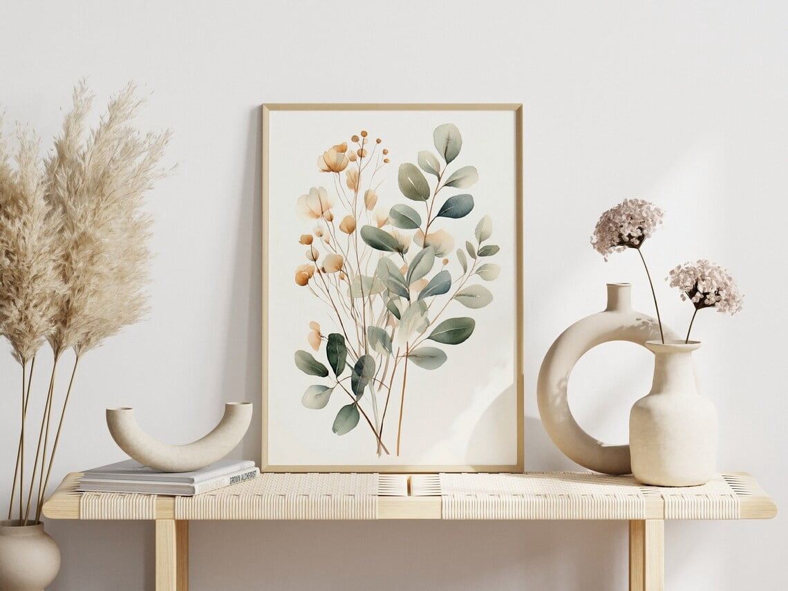 Boho wall art Eucalyptus branches and flowers plant Boho style plant ...