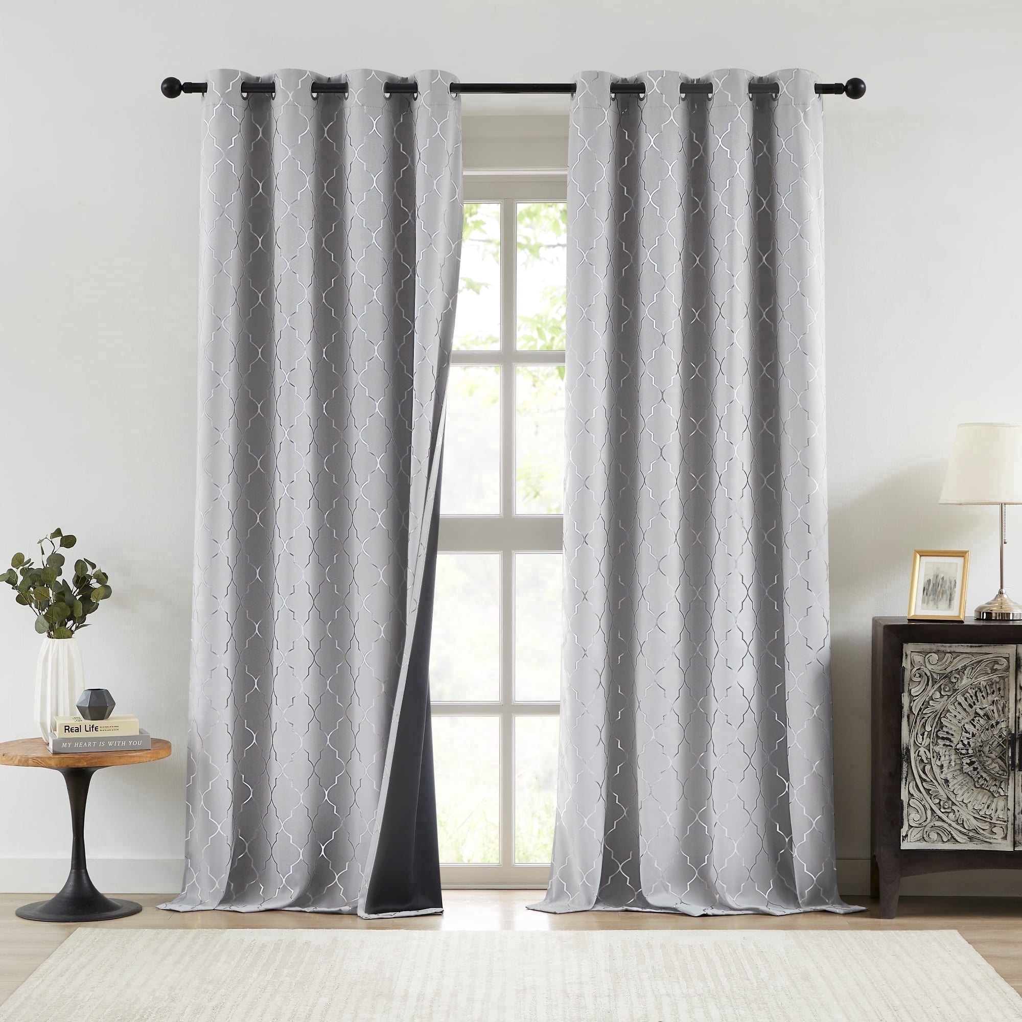 Bohogeo 63 Inch Grey Full Blackout Curtains with Silver Metallic Geo ...