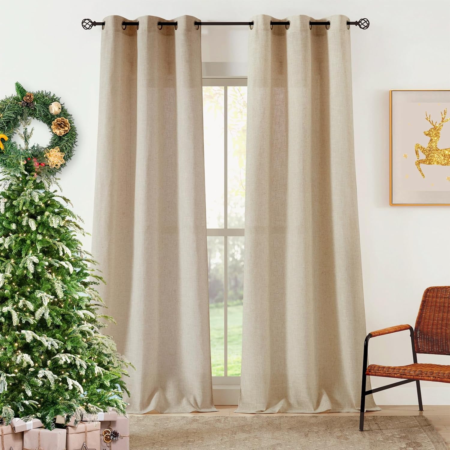 Bohogeo Natural Beige Linen Grommet Semi Sheer Curtain Panels, Elegant ...