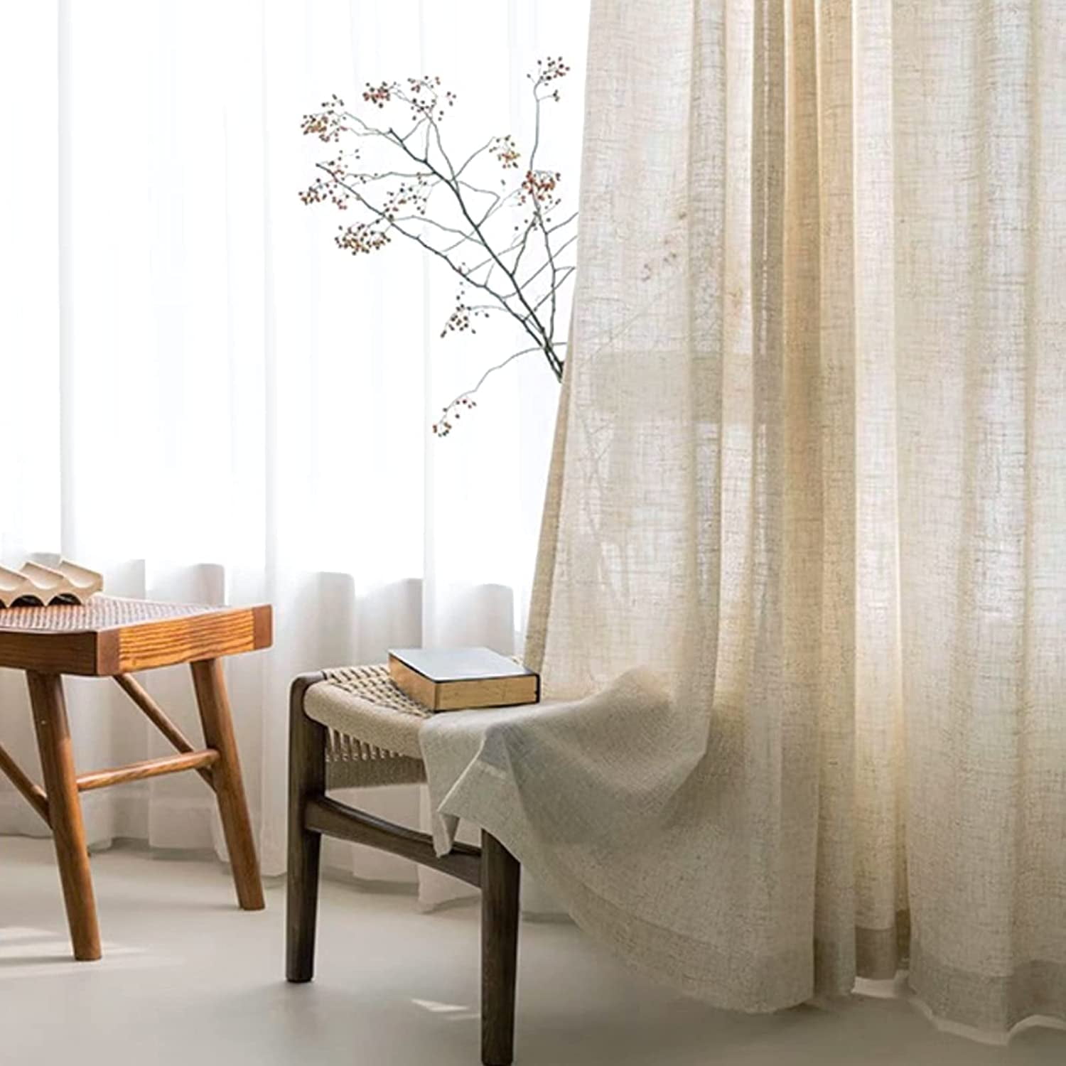 Bohogeo Beige Semi Sheer Curtain Drapes, Light Filtering, Rust-Free ...
