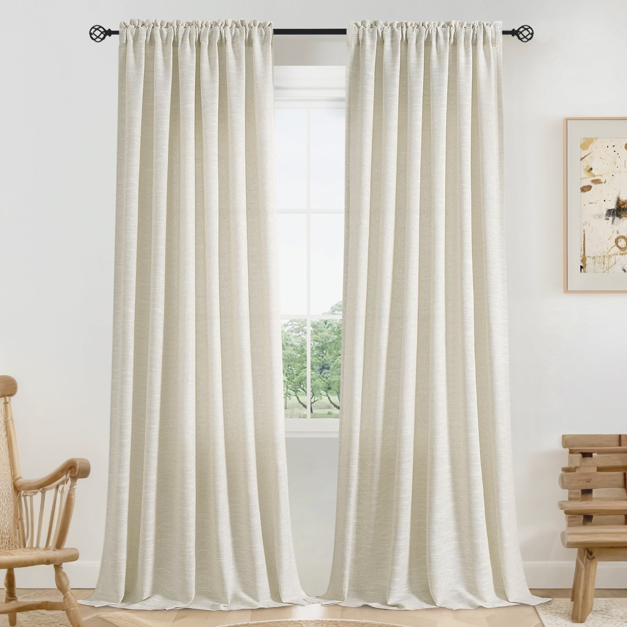 Bohogeo Natural Linen Blended Rod Pocket Curtains for Living Room Semi ...