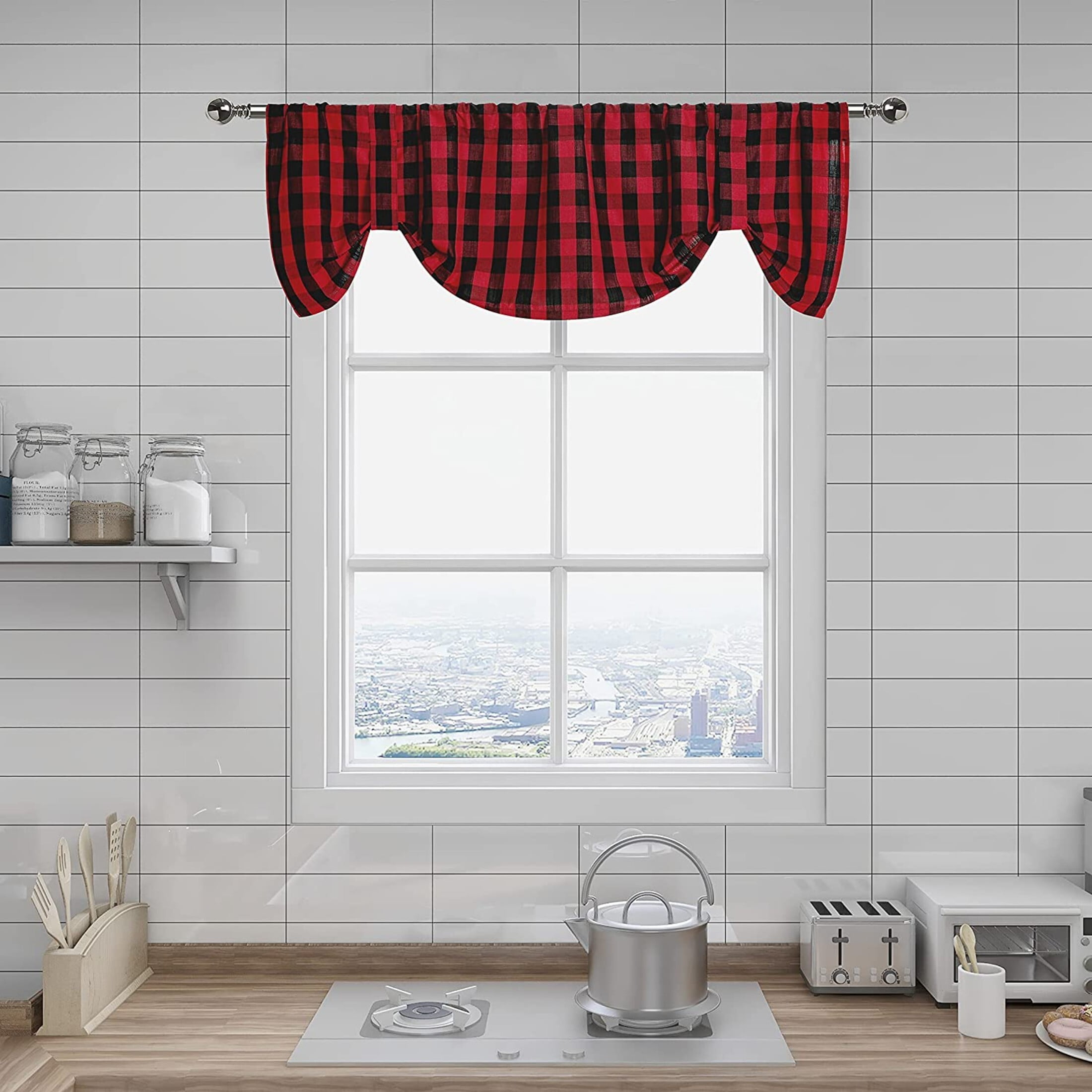 Bohogeo Red and Black Plaid Kitchen Curtain,Rod Pocket Tie-up and ...