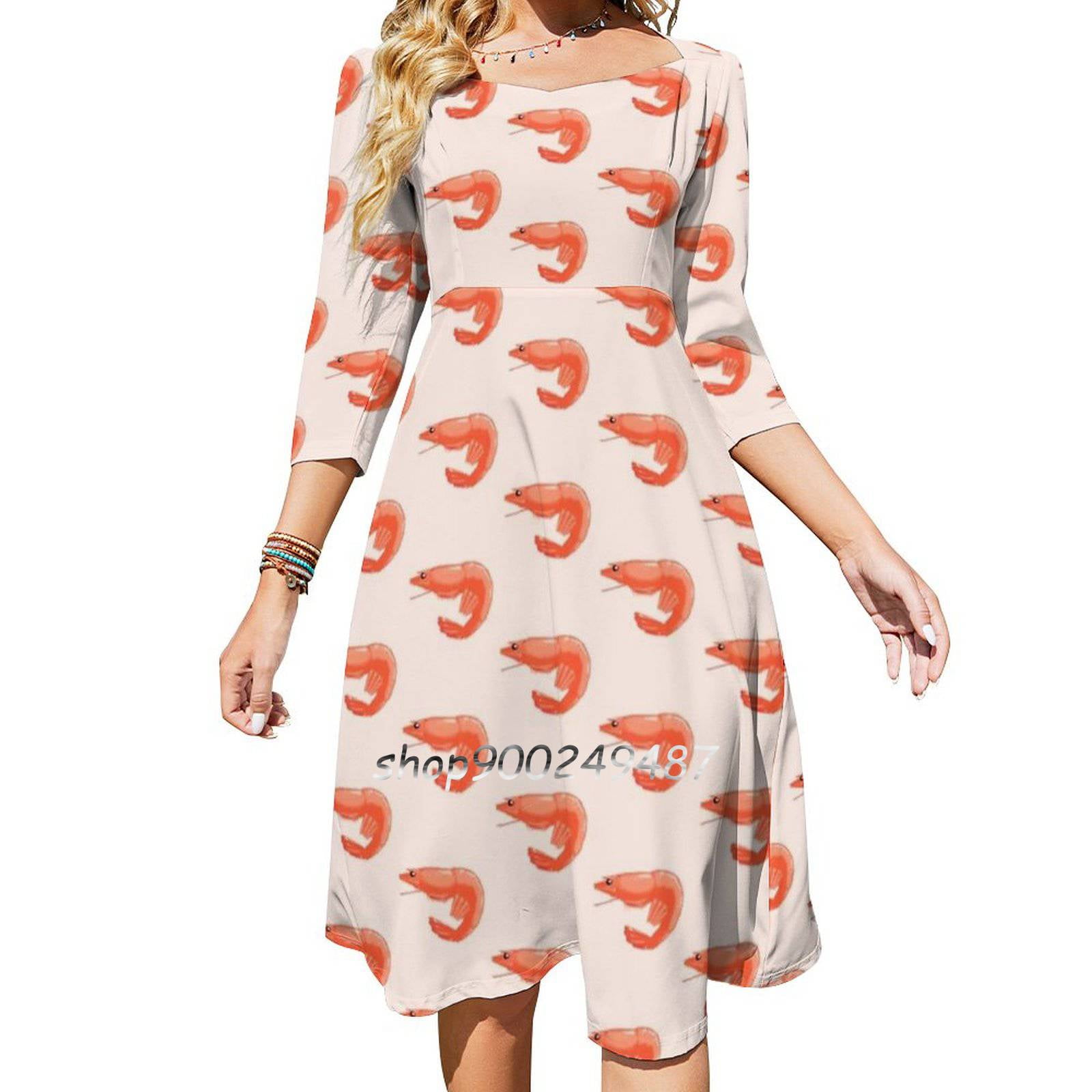 Boiled Shrimp Square Neck Dress Cute Loose Print Dresses Elegant Beach ...