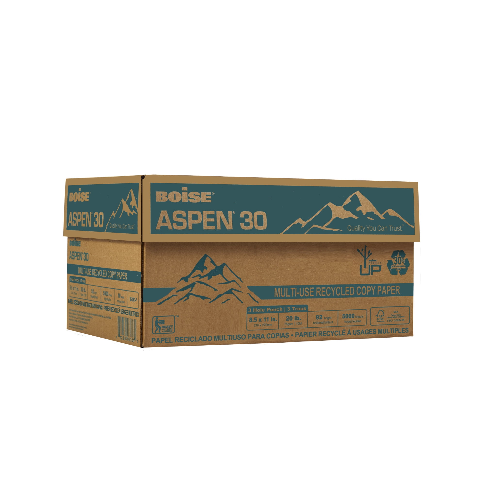 BOISE ASPEN 30 Recycled Paper, 8 1/2"x11", 3 Hole, 92 Bright, 20 lb, 10 ...