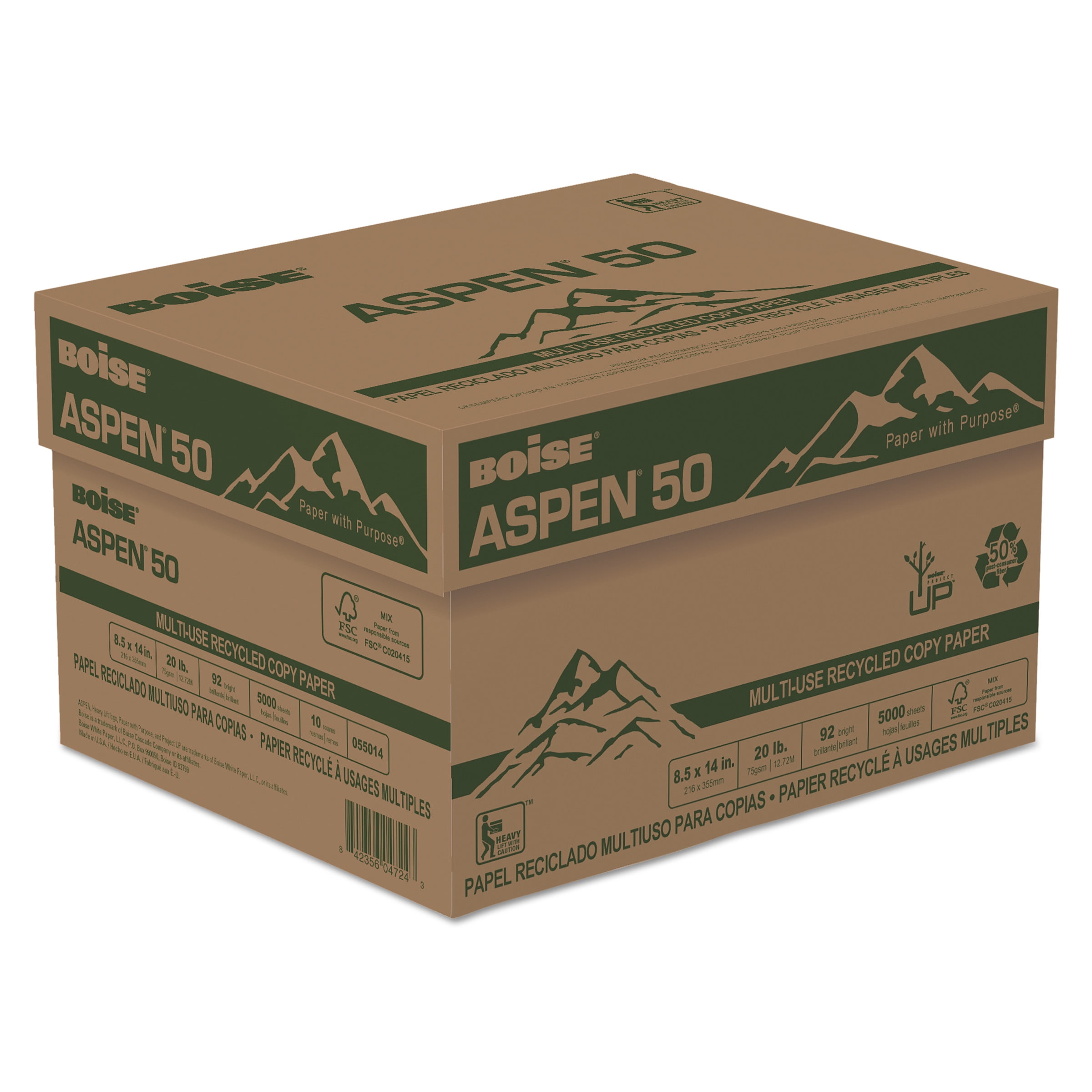 Boise ASPEN 50 Multi-Use Recycled Paper, 20 lb, 8 1/2 x 14, White, 500 ...
