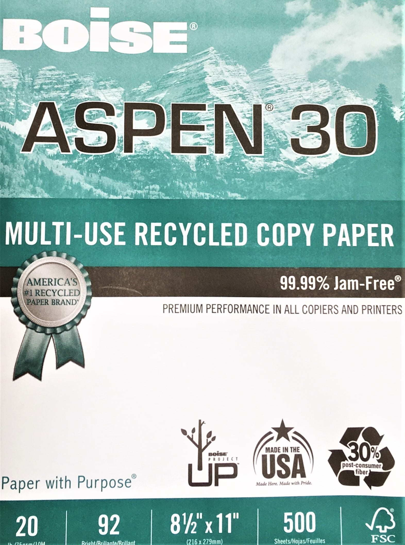 Boise Aspen 30 Copy Paper, White, 92 Bright, Recycled, 500 Sheets ...