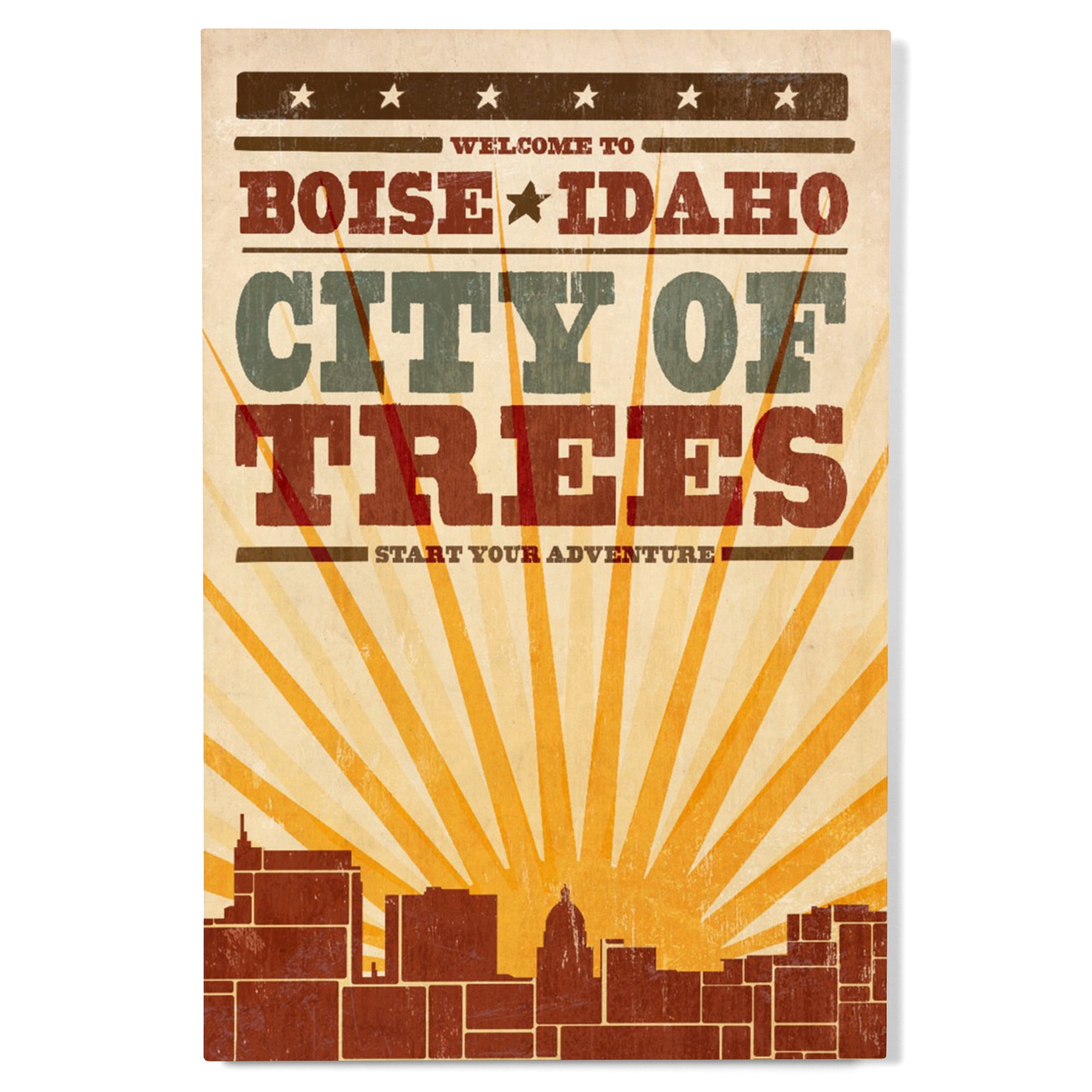 Boise, Idaho, Skyline and Sunburst Screenprint Style Birch Wood Wall ...