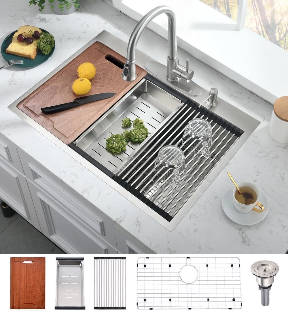 Bokaiya 33x22 Kitchen Sink Drop in Topmount Kitchen Sink Workstation 16 ...