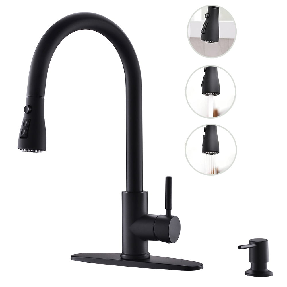 Bokaiya Black Pull Down Kitchen Faucet with Soap Dispenser and Sprayer ...