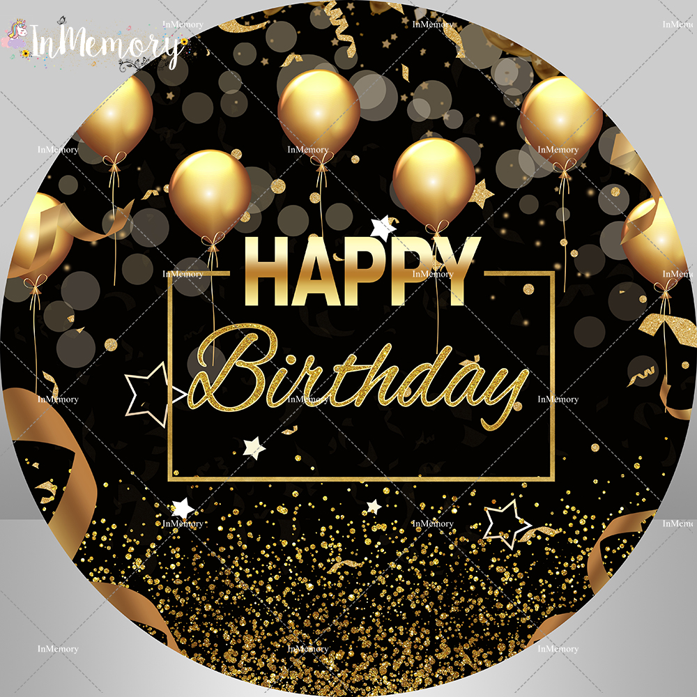 Bokeh Black Gold Background Glitter Happy Birthday Party Decoration Round Circle Backdrop ...