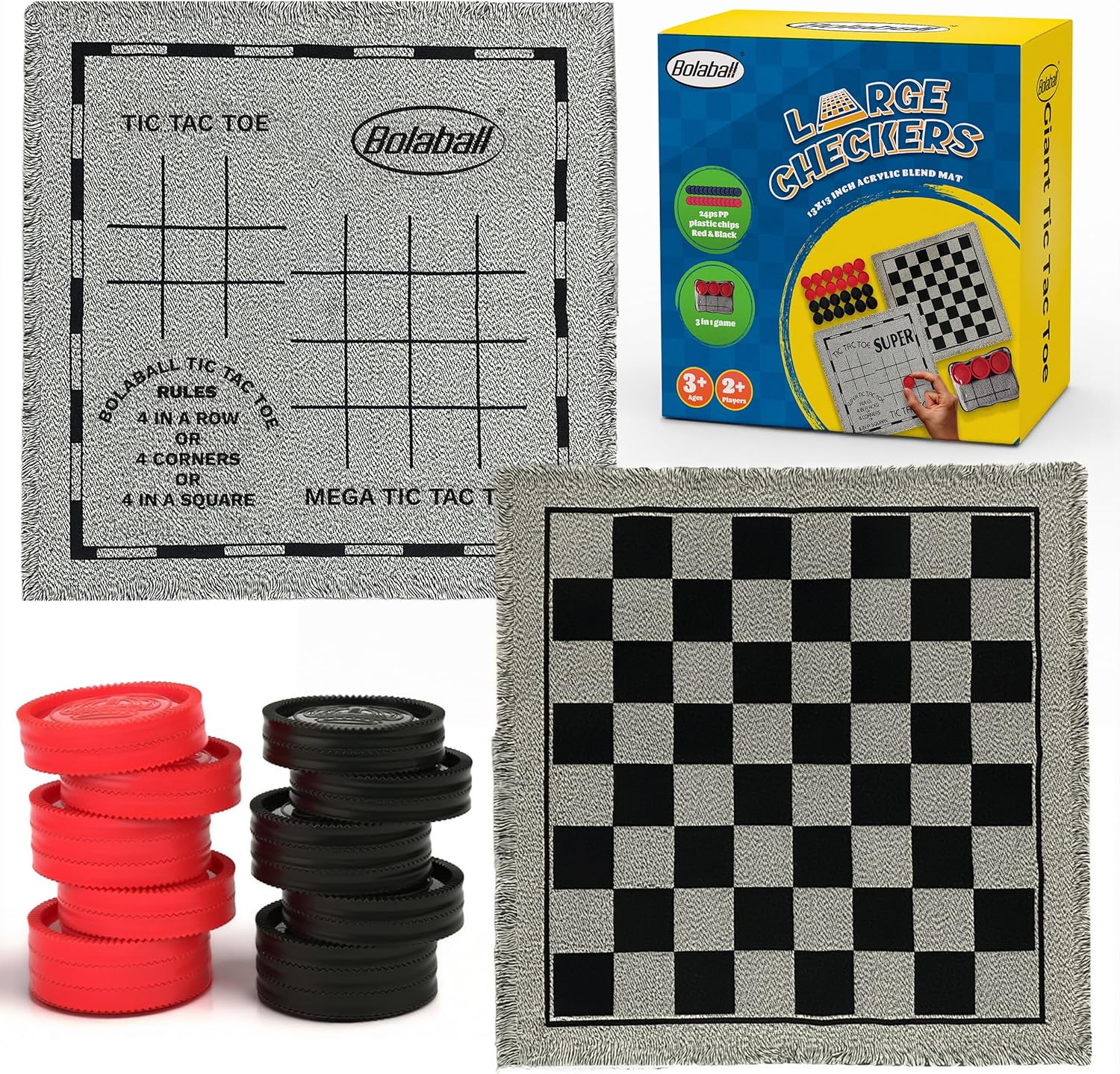 Bolaball 3-in-1 Checkers, Tic Tac Toe Jumbo Game, Reversible Carpet ...