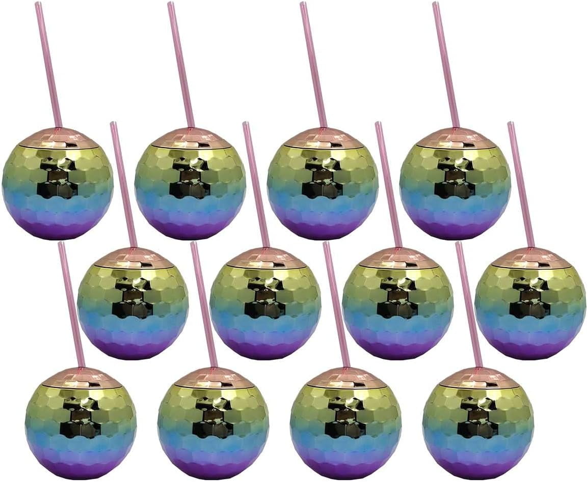 Bolaras Rainbow Disco Ball Cups (12 Pack) with Name Tags, Lids, and ...