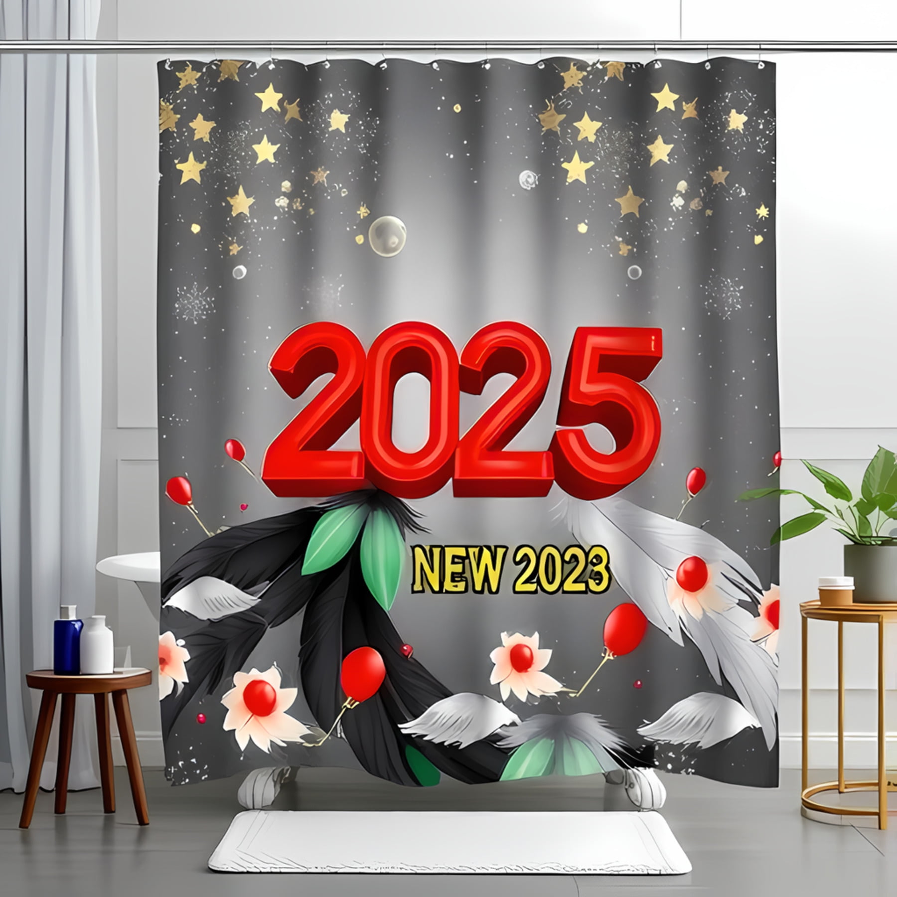 Bold 2025 Shower Curtain with Red Numbers Gold Stars Bubbles & Feathers ...