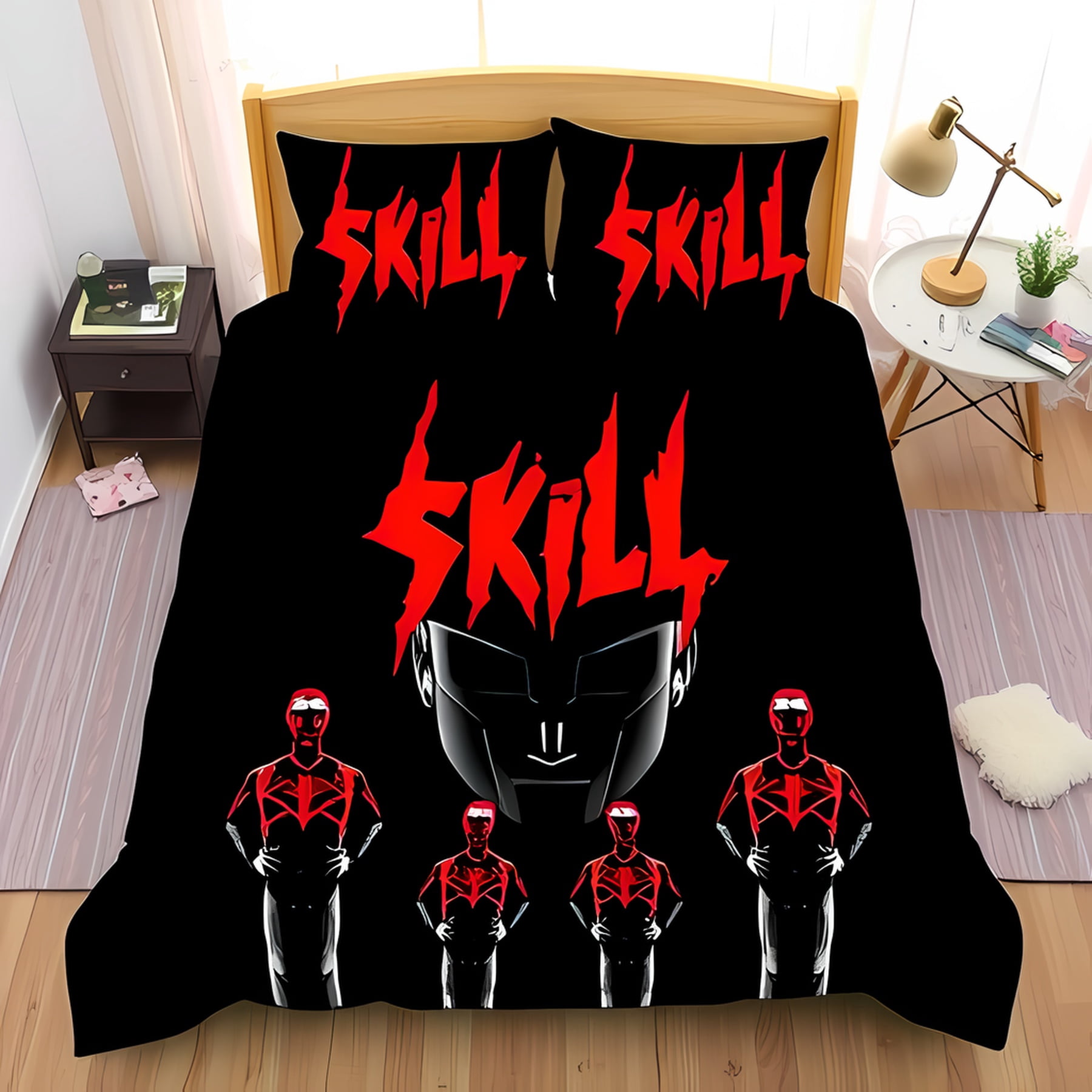 Bold 3-Piece Black Bedding Set with Red 'SKILL' Graphic - Duvet Cover ...