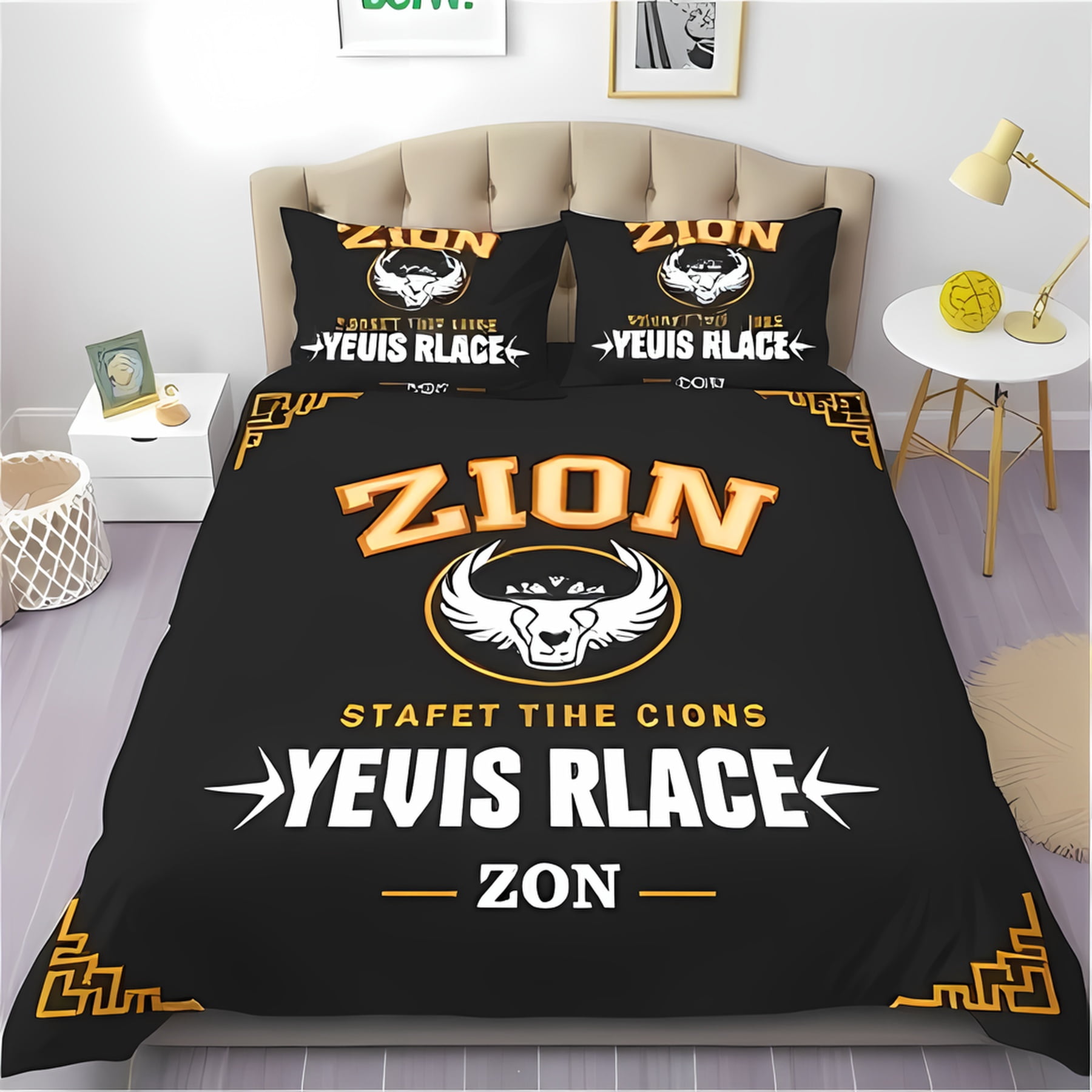 Bold 3-Piece Black Duvet Cover & Pillowcase Set with Orange "ZION ...