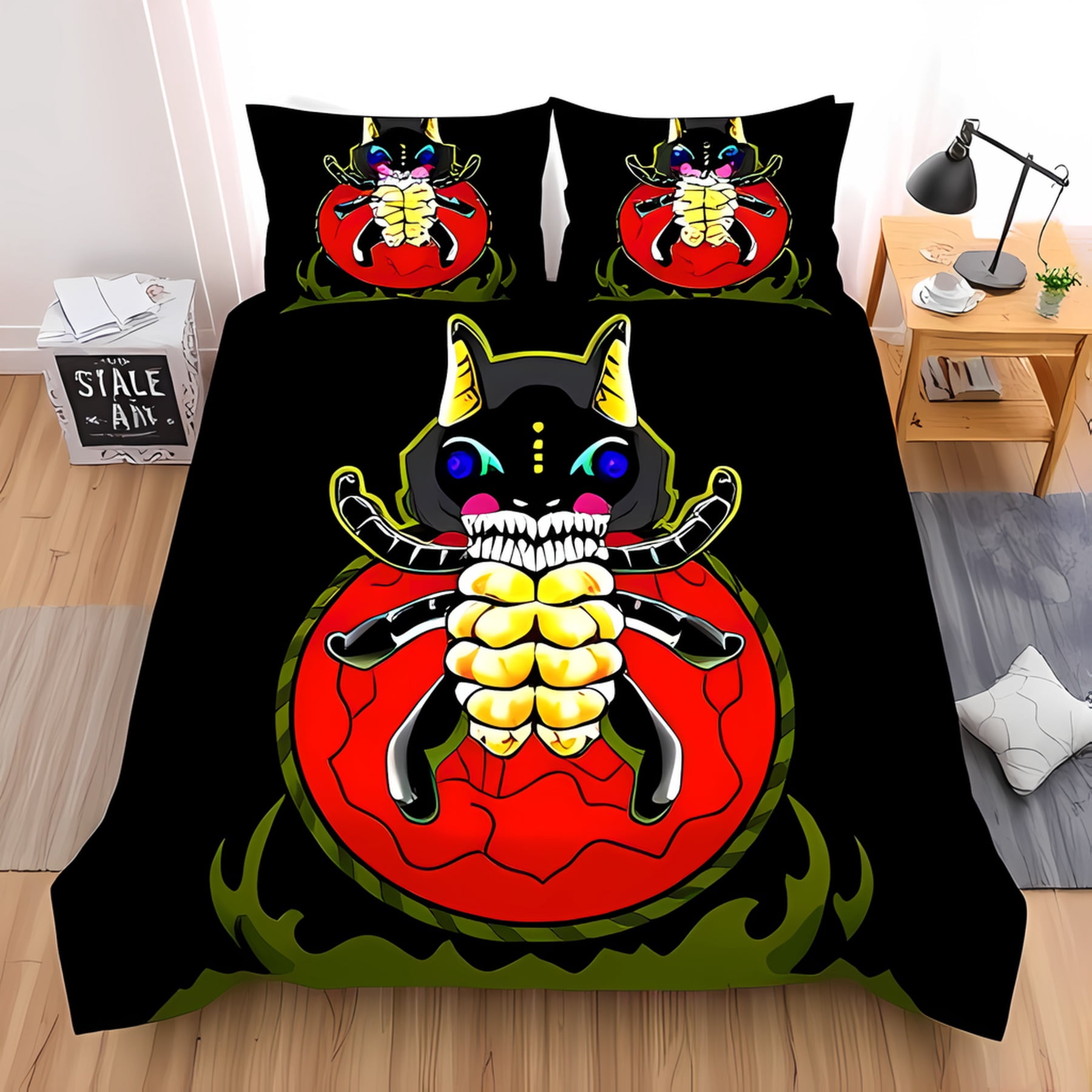 Bold 3-Piece Black Duvet Cover Set with Creature Design & Matching ...