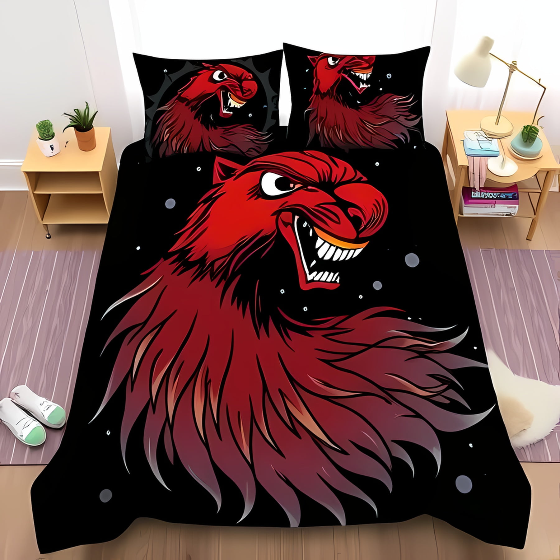 Bold 3-Piece Black Duvet Cover Set with Fierce Red Wolf Design & Matching Pillowcases - Edgy ...