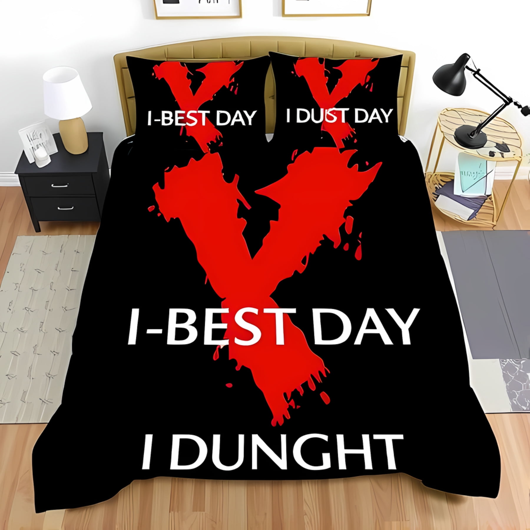 Bold 3-Piece Black Duvet Cover Set with Red 'V' Design & Edgy Text ...