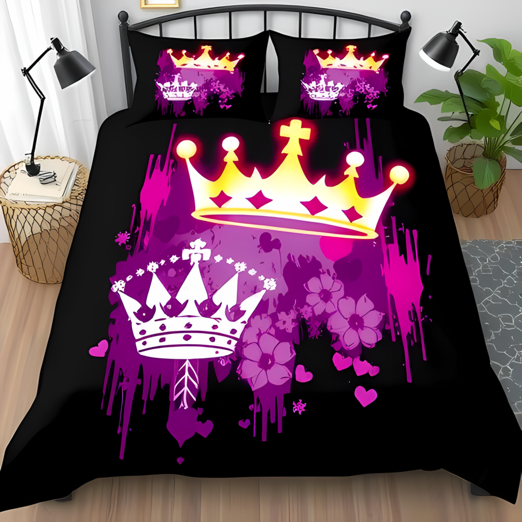 Bold 3-Piece Black Duvet Cover Set with Vibrant Purple & Gold Crown ...