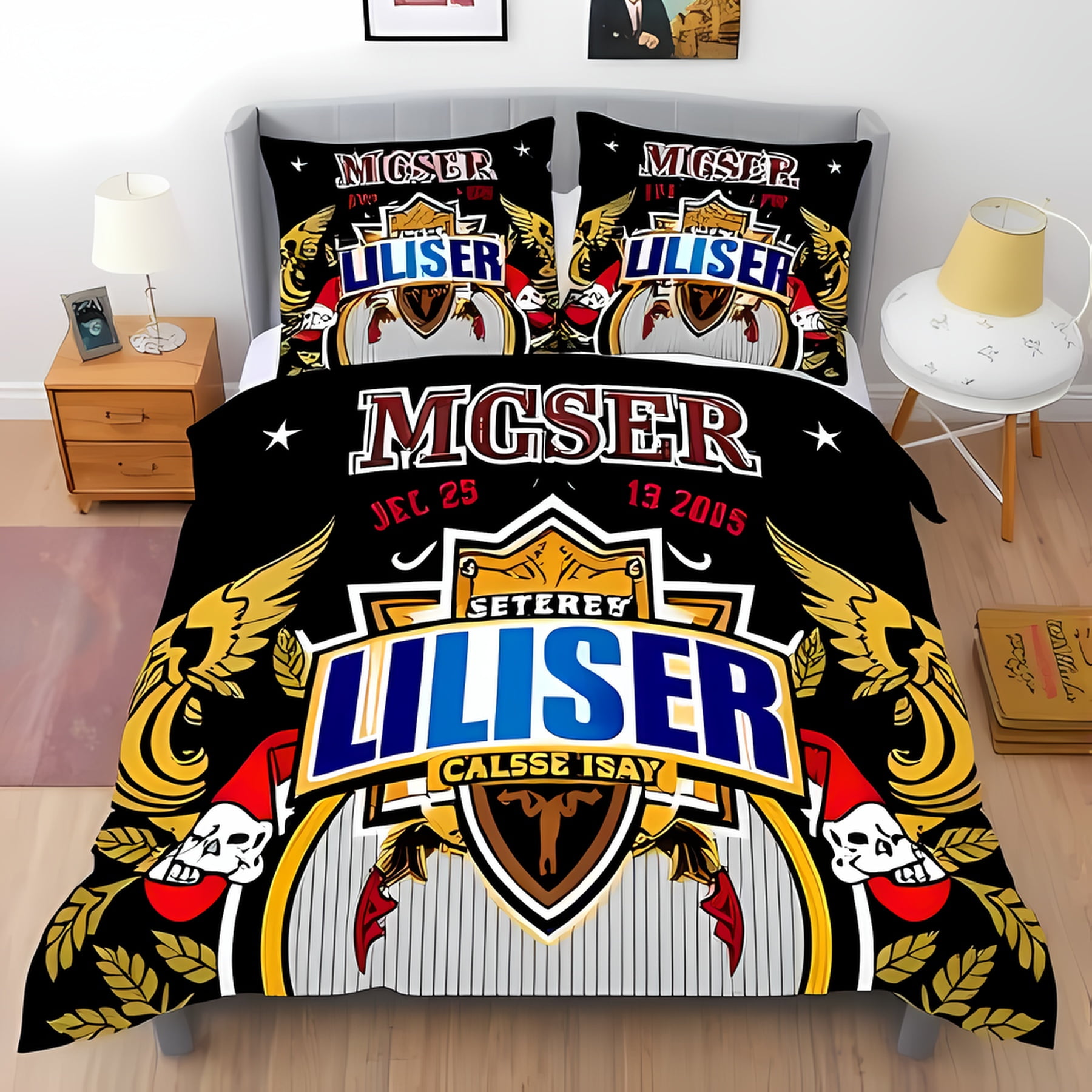 Bold 3-Piece Duvet Cover & Pillowcase Set - Black with Vibrant Gold ...