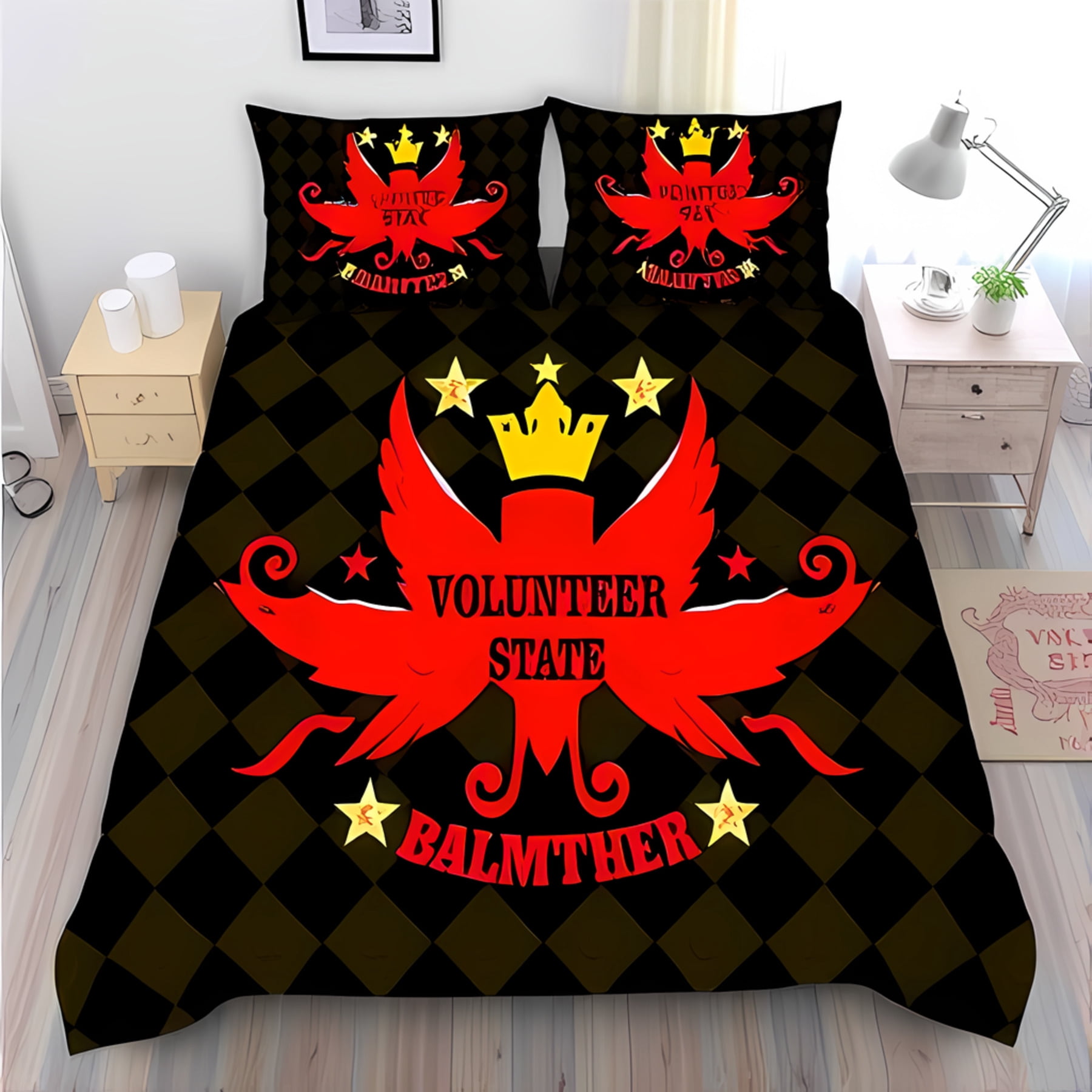 Bold 3-Piece Duvet Cover Set in Black & Red with Crowned & Gold Stars ...