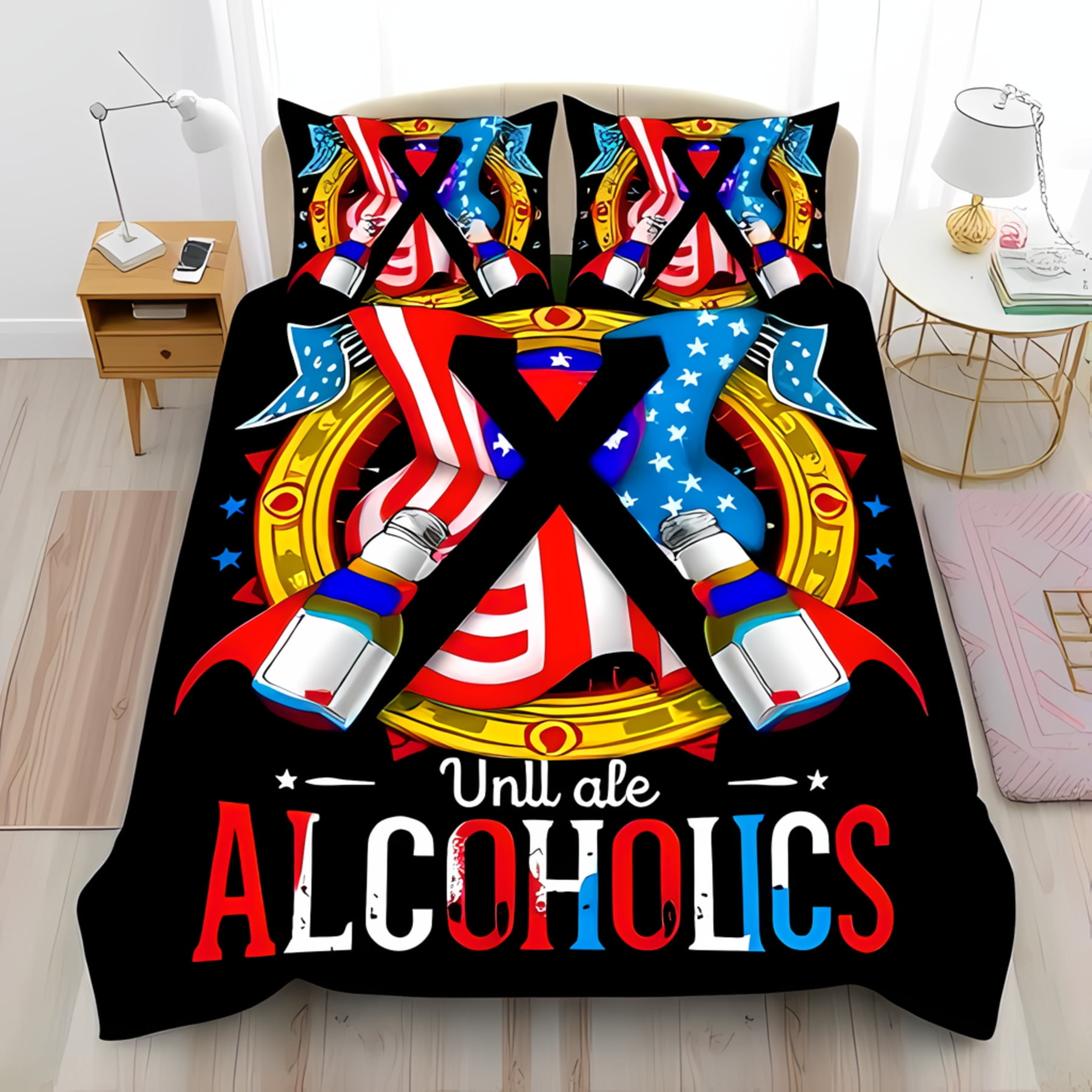 Bold 3-Piece Duvet Cover Set with Crossed American Flags & Bottles on ...