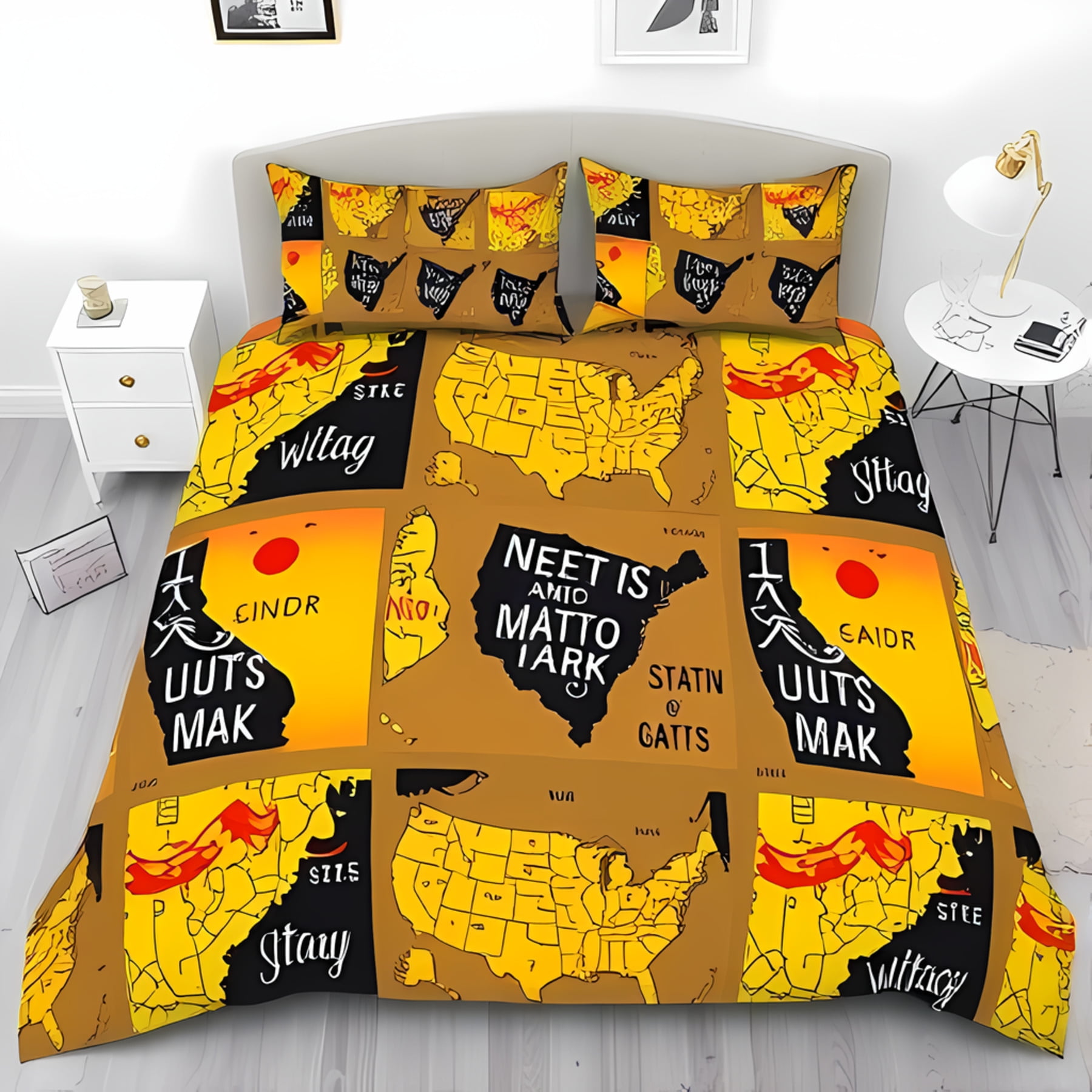 Bold 3-Piece Duvet Cover Set with Mustard Yellow & Black USA Map ...