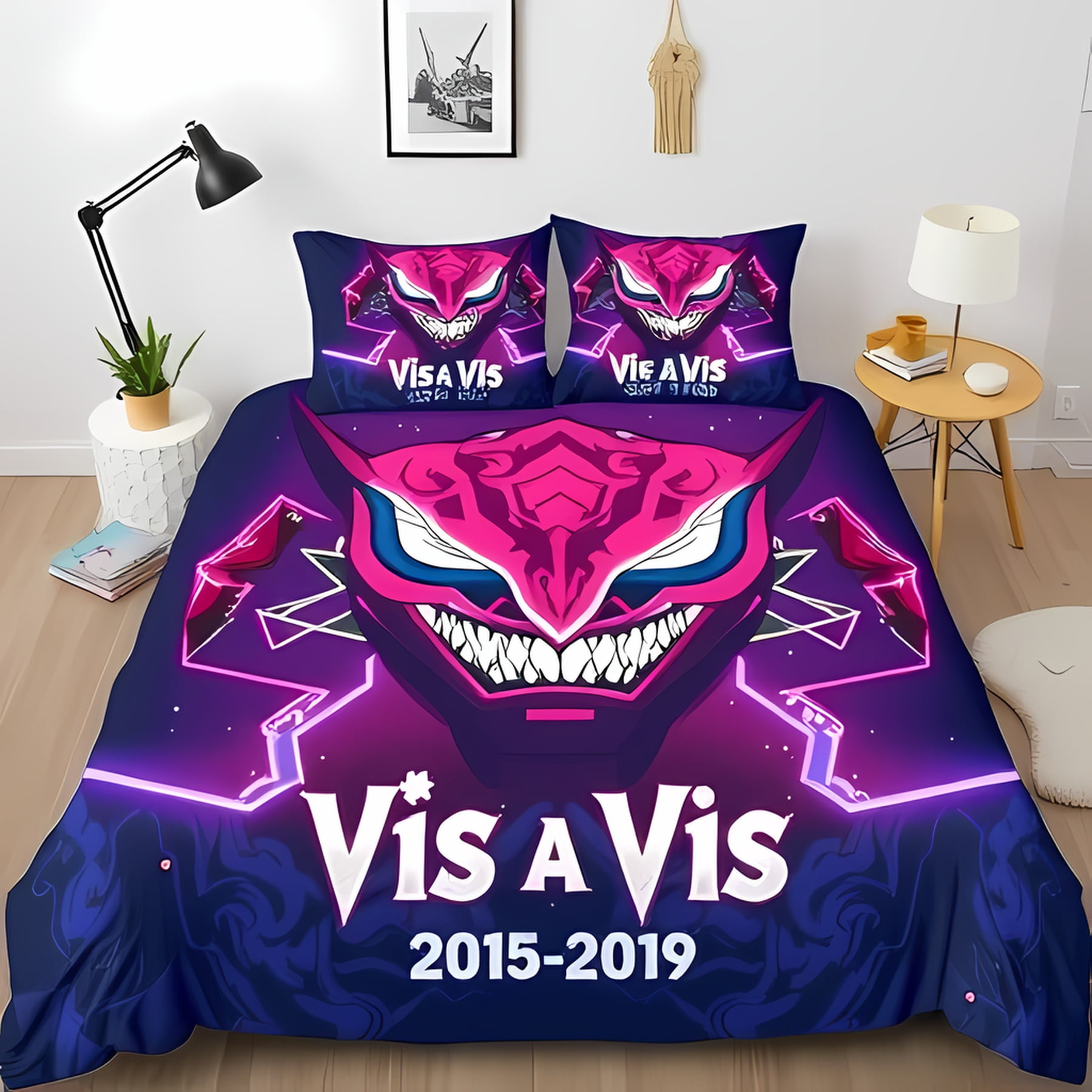 Bold 3-Piece Duvet Cover Set with Pink Demonic Mask & Geometric Design ...